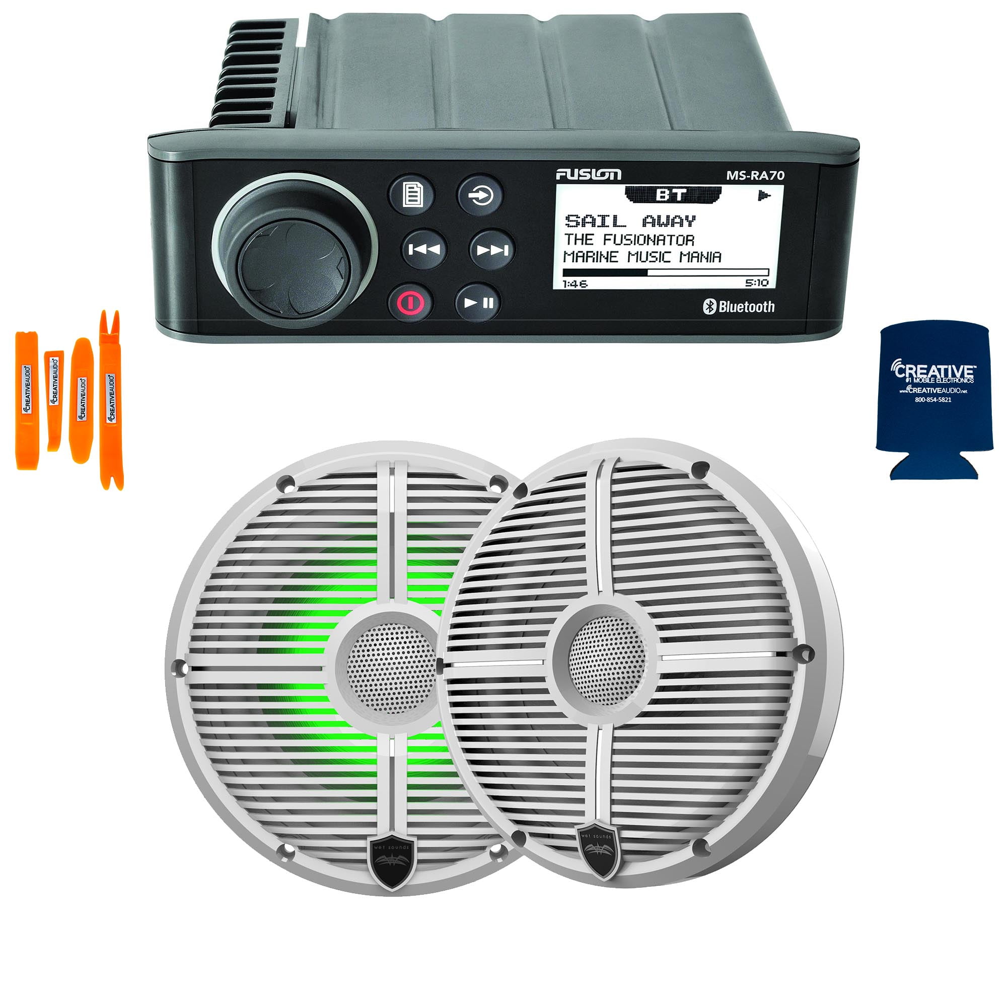 Fusion MS-RA70 Marine AM/FM/BT Stereo with 1 Pair Wet Sounds RECON 6 ...
