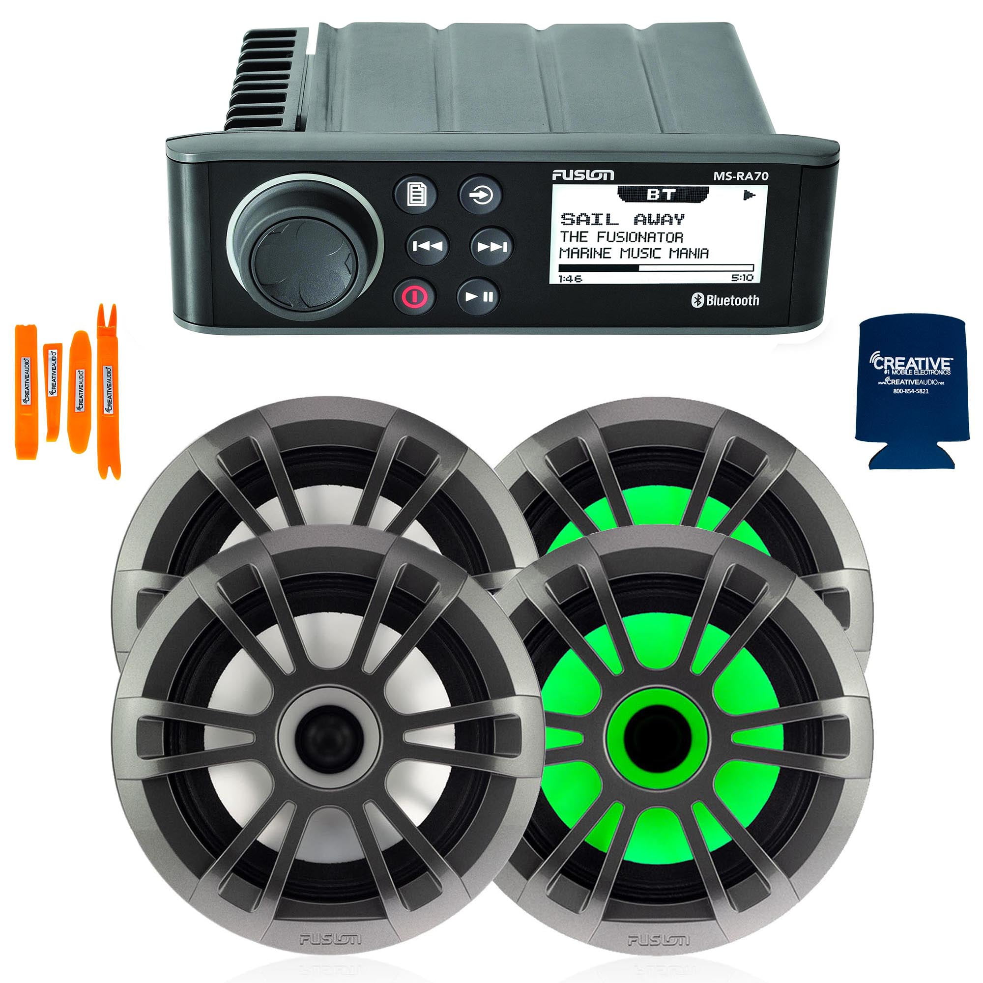 Fusion MS-RA70 Marine AM/FM/BT Stereo with 2 Pair Fusion EL-FL651SPG EL ...