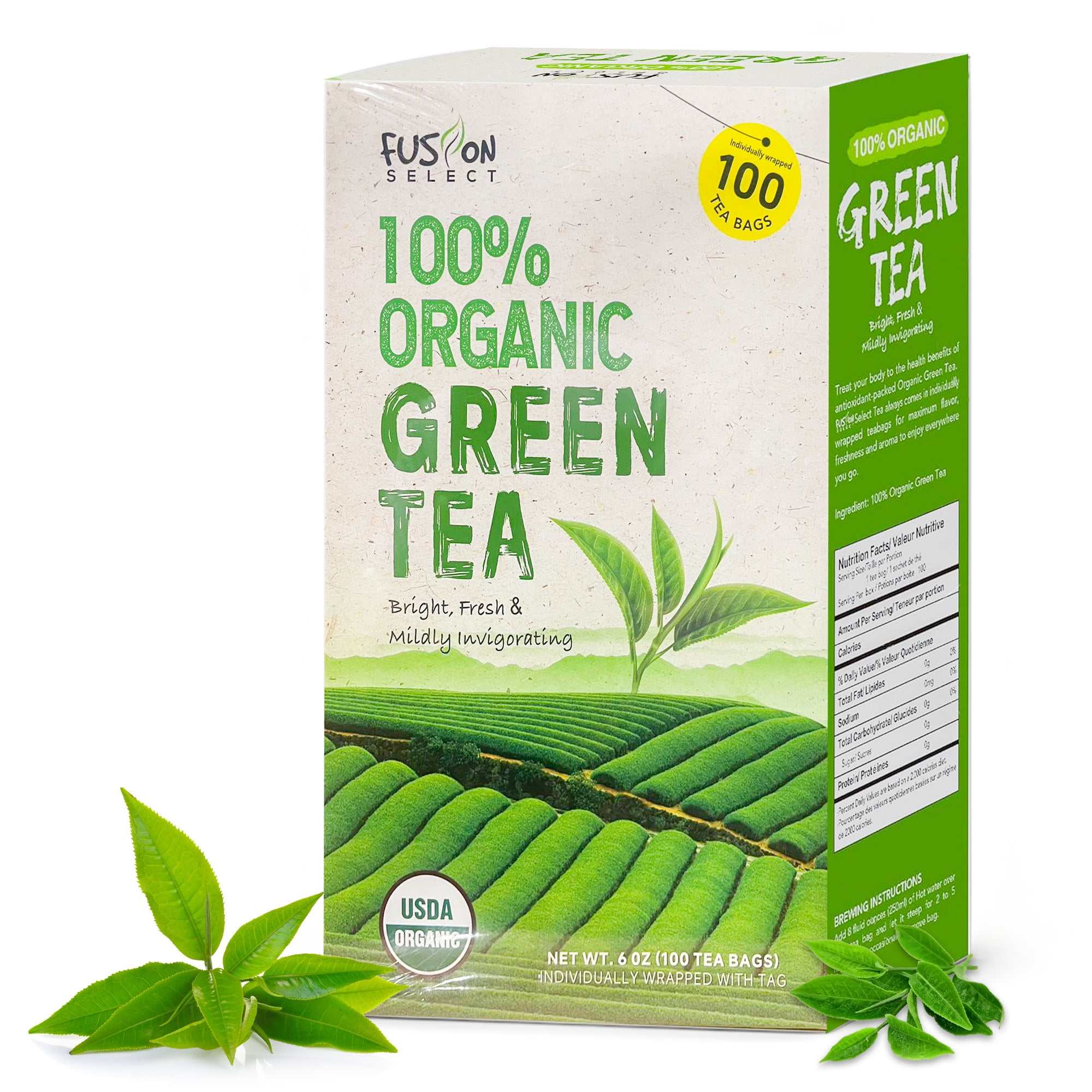 Fusion Select 100% Organic Green Tea 100 Individually Wrapped Tea Bags ...