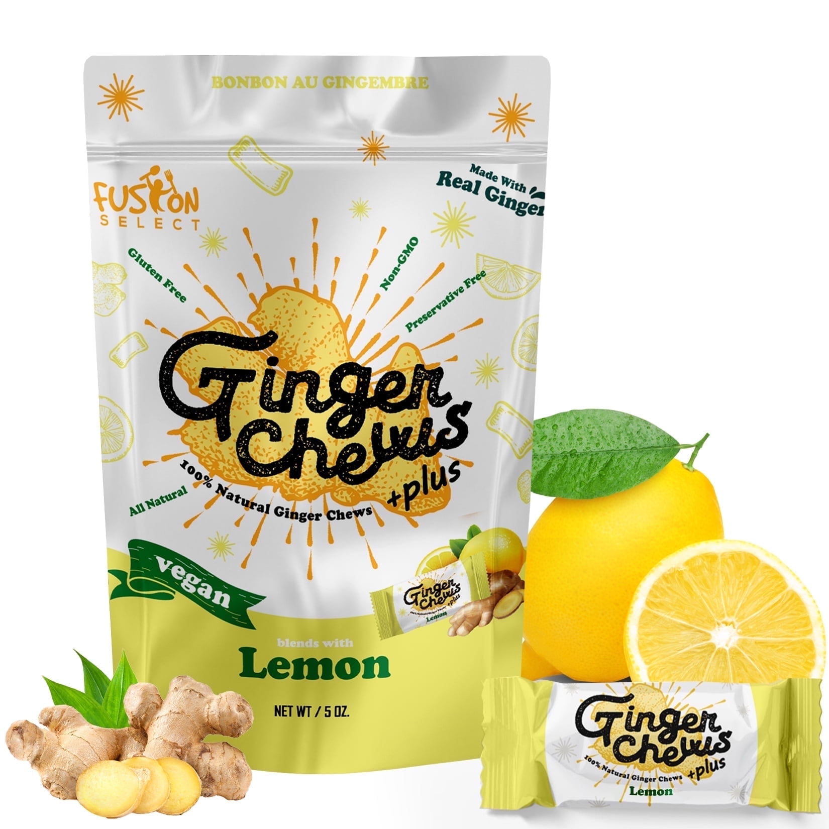 Fusion Select Ginger Chews Lemon Chewy Candy 5 oz Vegan Treat - Walmart.com