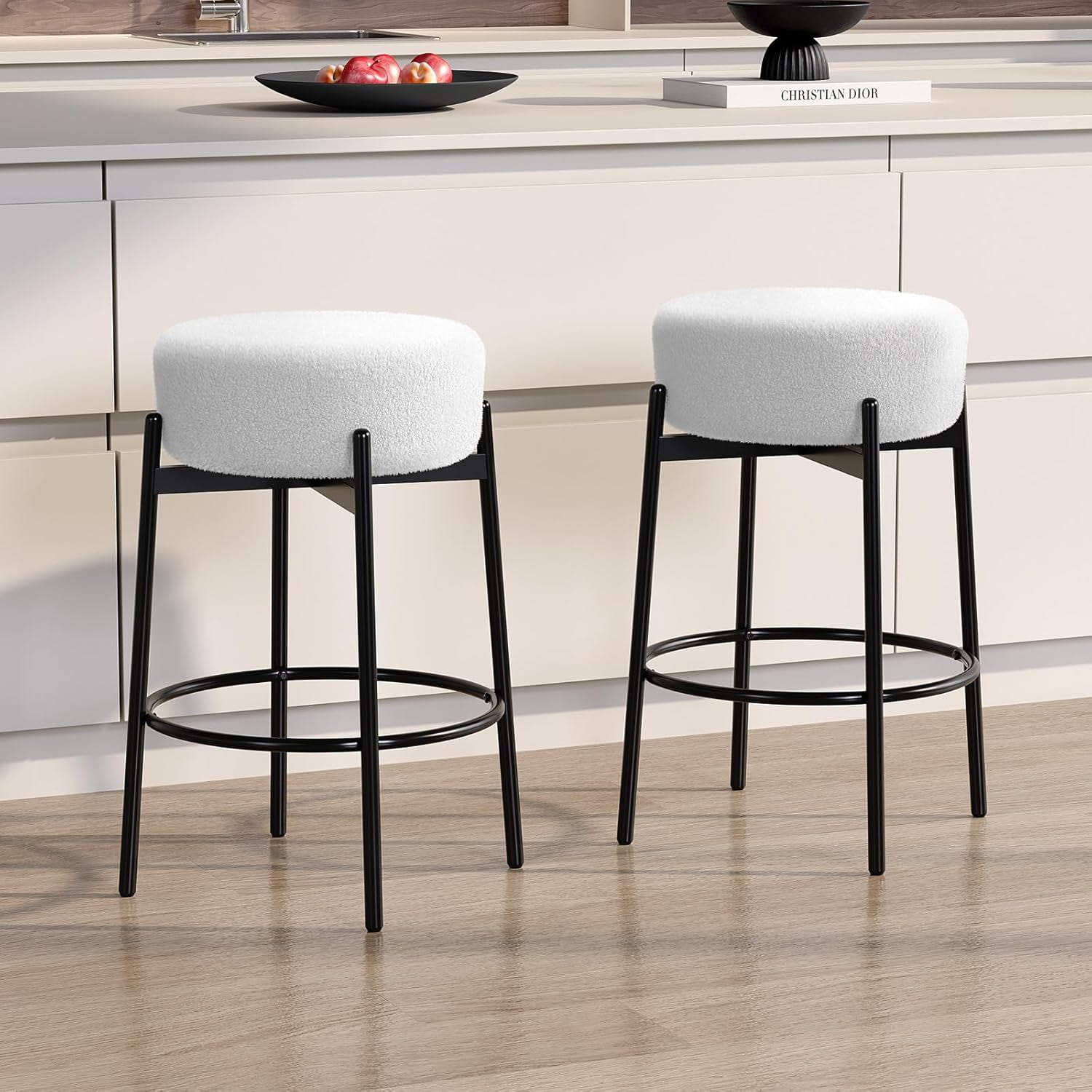 Fusion Swivel Round Barstools 26“H Set of 2, Teddy Wool Upholstered ...