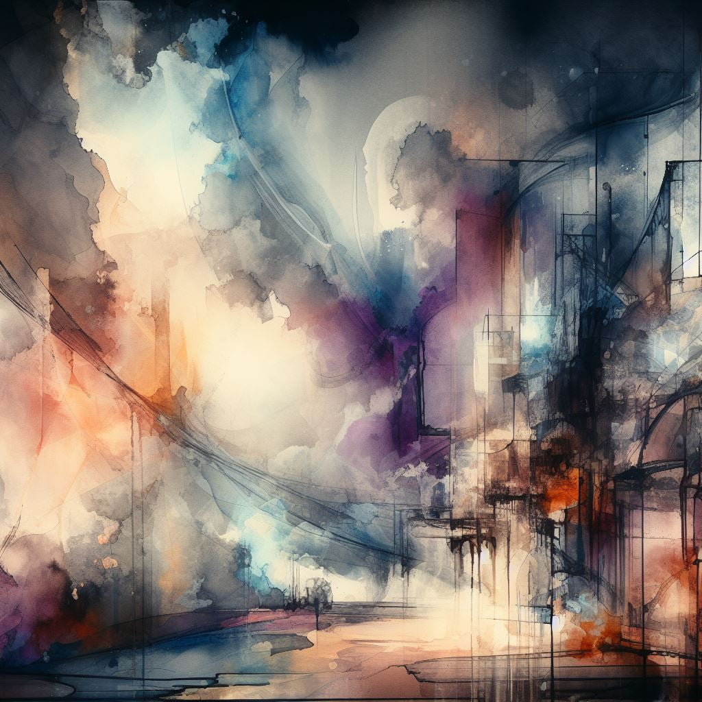 Fusion of City and Clouds Abstract Watercolor Painting II - 12" x 18 ...
