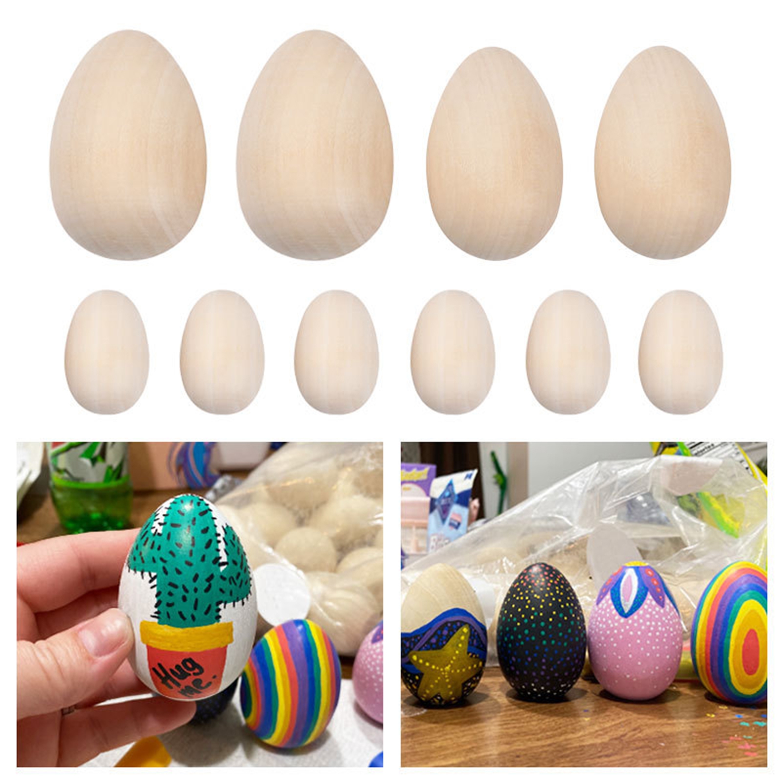 Fusipu 6Pcs Easter Wooden Simulated Egg Creative DIY Graffiti Painted Eggs for Holiday Home ...