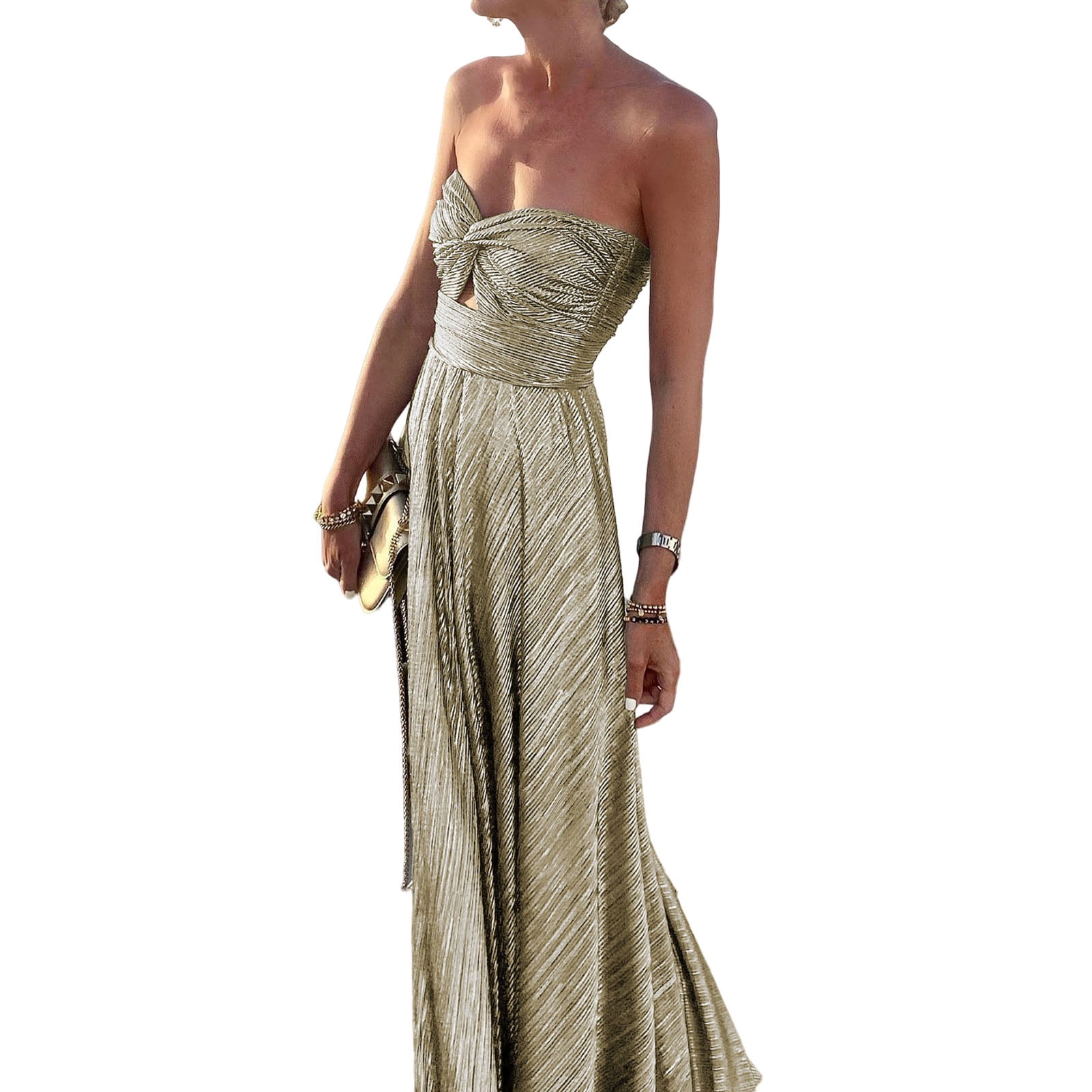 Fusipu Bronzing Backless Large Hem Maxi Dress Knot Chest Wrapping Off ...