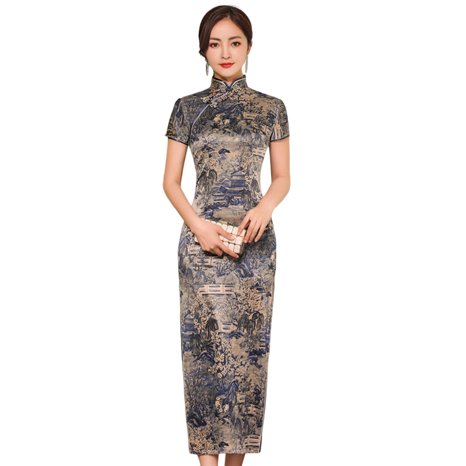 Fusipu Mandarin Collar Short Sleeve Disc Buckles Smooth Traditional ...