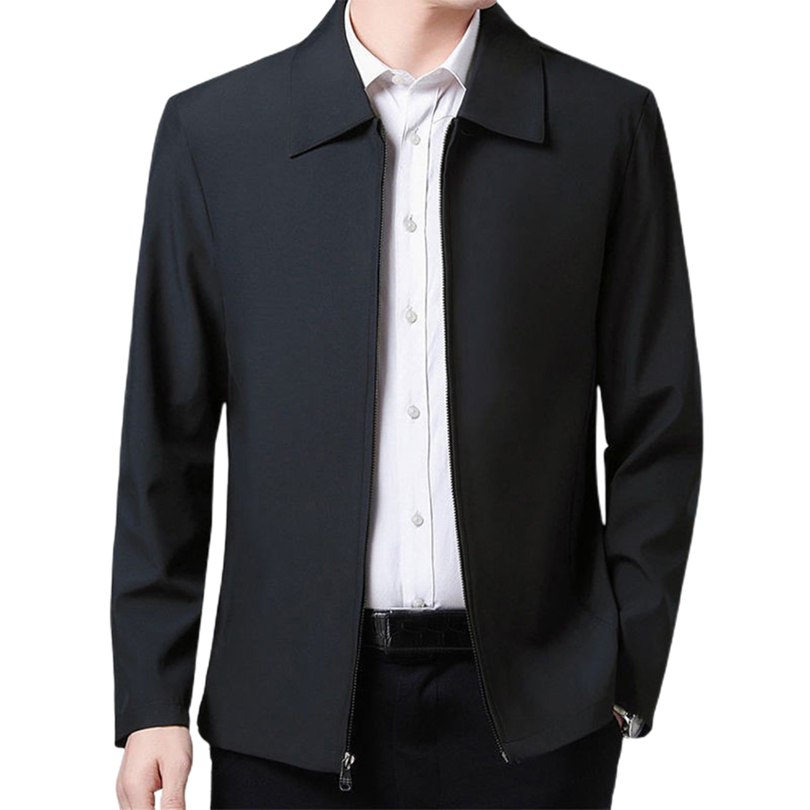 Fusipu Men Coat Smooth Zipper Lapel Collar Solid Color Middle-aged Men ...