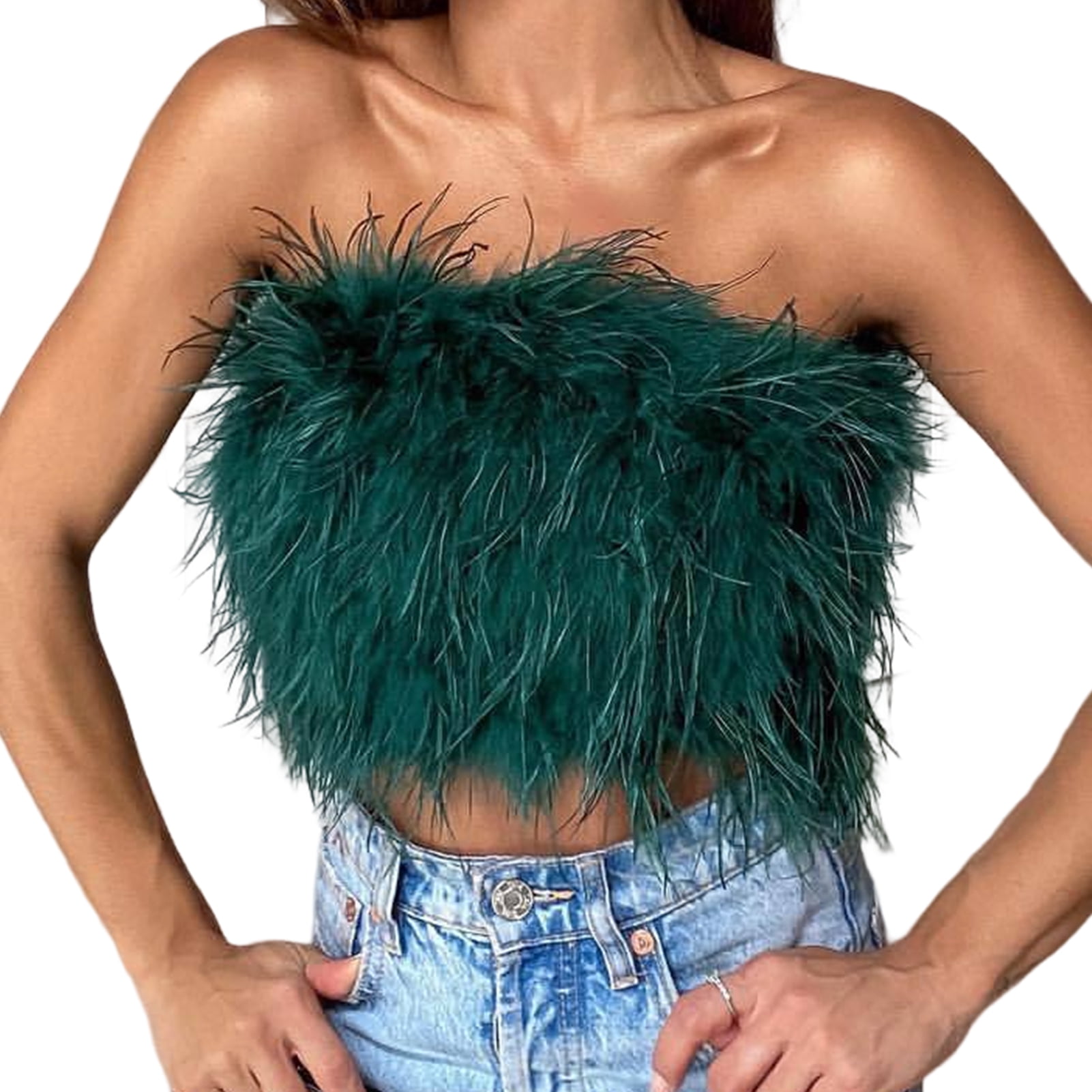 Fusipu Party Crop Top Sexy Fluffy Skin-touch Sleeveless Off Shoulder ...