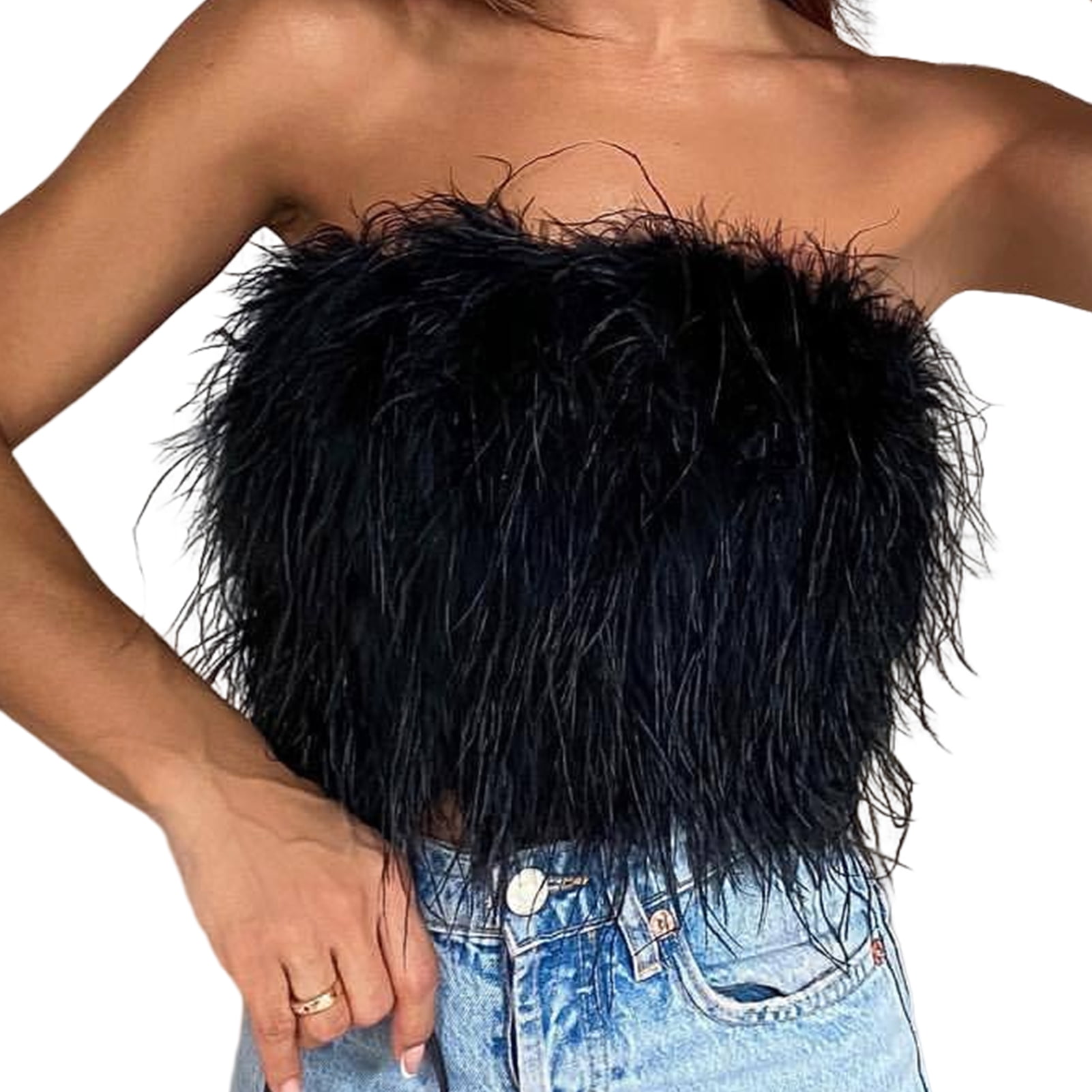 Fusipu Party Crop Top Sexy Fluffy Skin-touch Sleeveless Off Shoulder ...