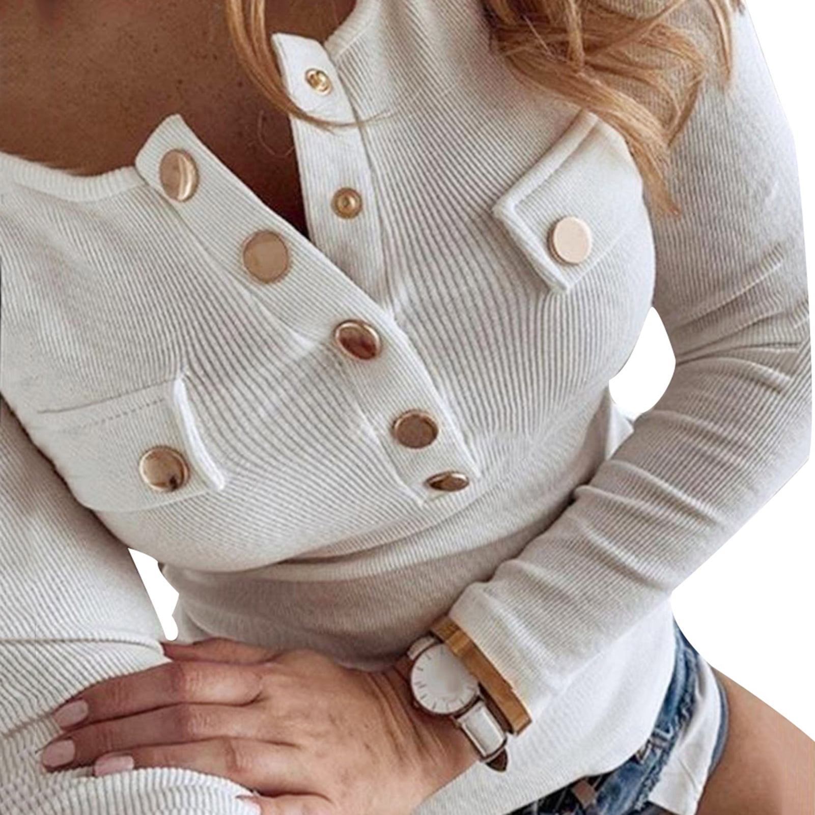 Fusipu Sexy Women Long Sleeve Solid Color Buttons Ribbed Slim Plus Size ...
