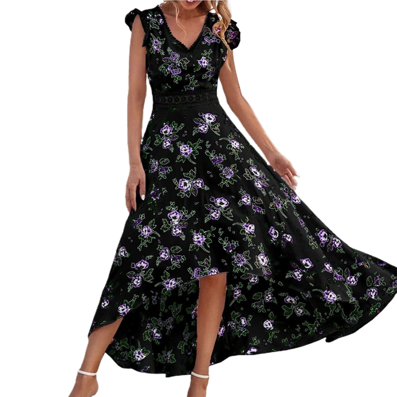 Fusipu V-neck Waist Tight High-low Hemline Female Dress Floral Print ...