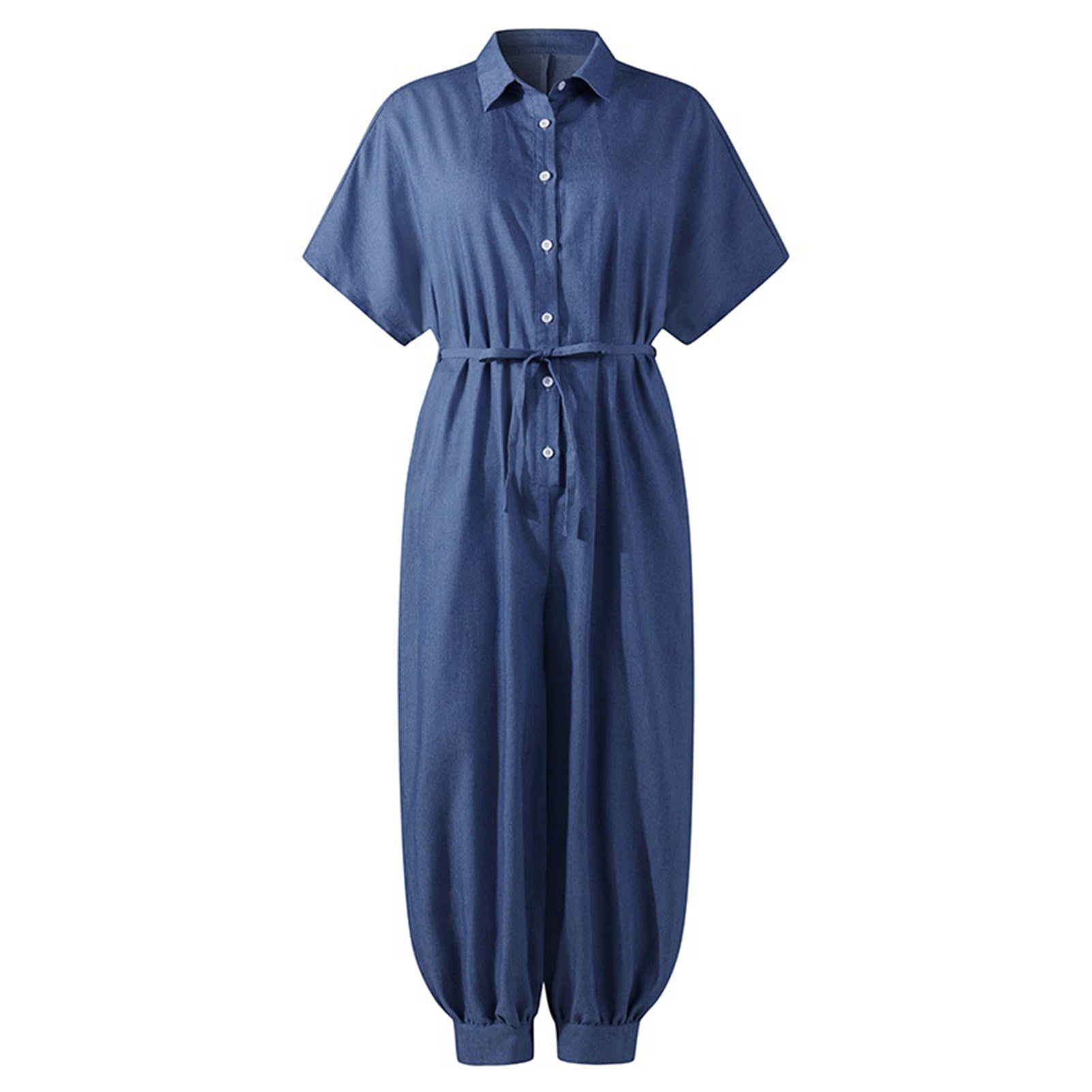Fusipu Women Denim Jumpsuit Short Sleeve Solid Color Buttons Pockets ...