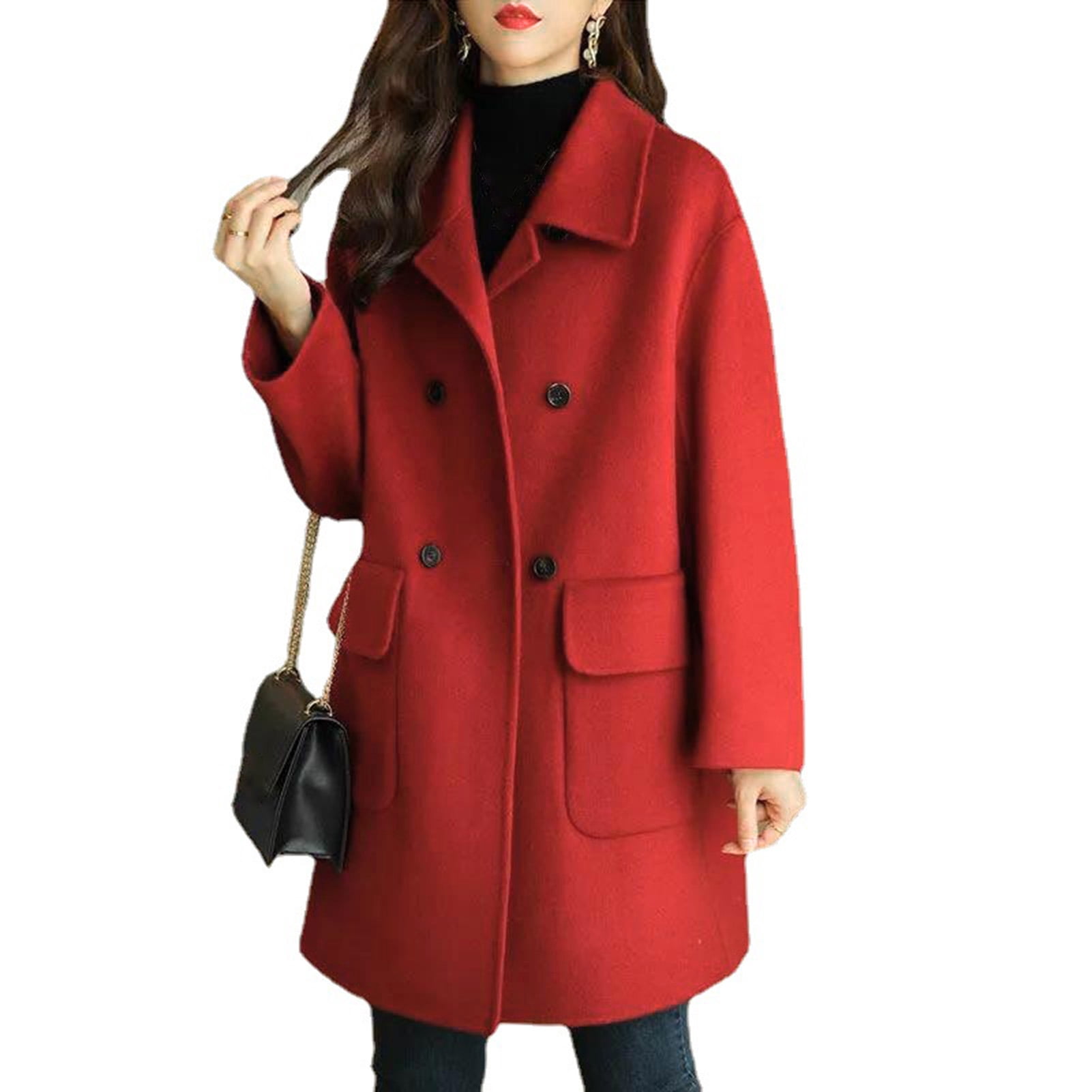 Fusipu Women Overcoat Solid Color Long Sleeves Lapel Mid-length ...