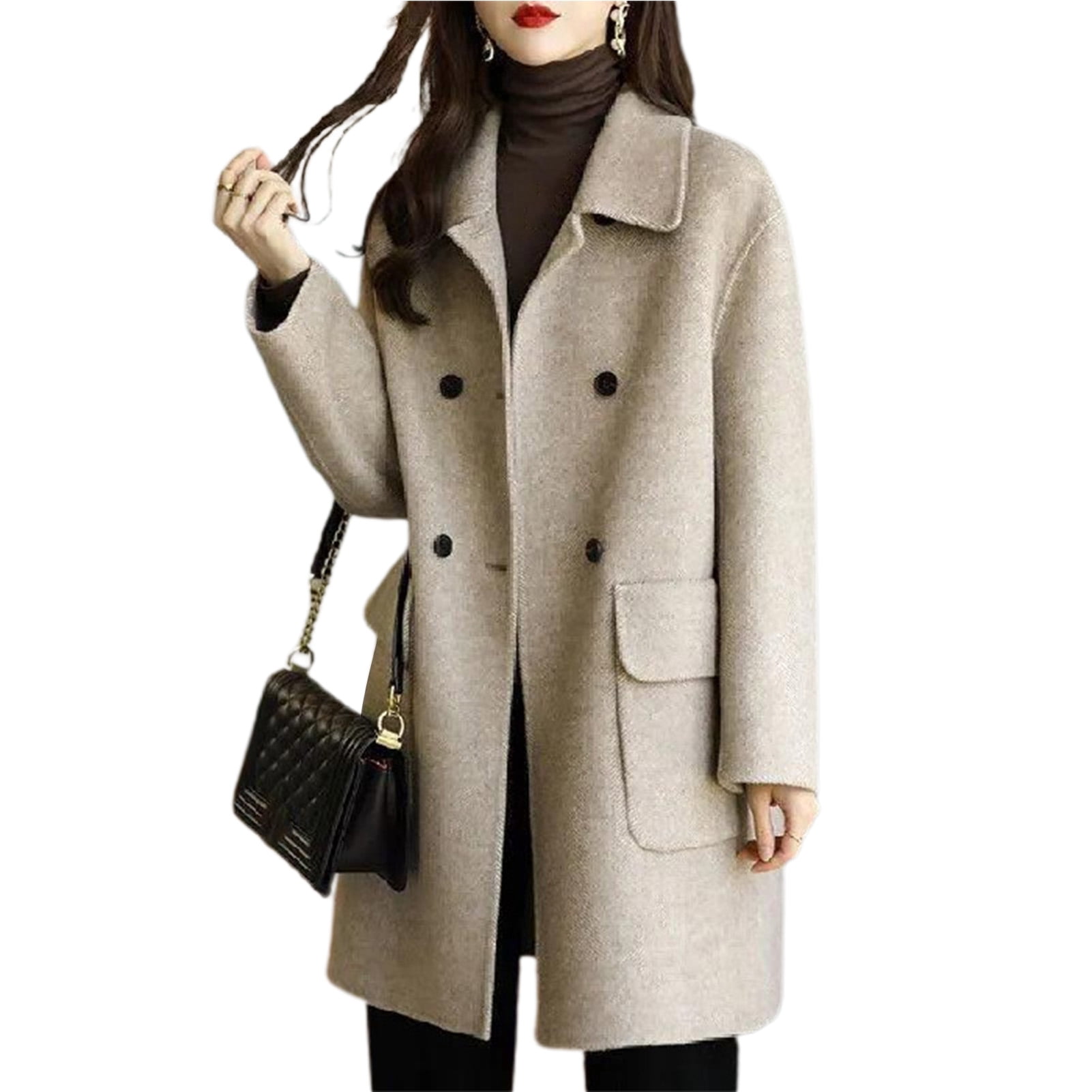 Fusipu Women Overcoat Solid Color Long Sleeves Lapel Mid-length Cardigan Keep Warm Double ...