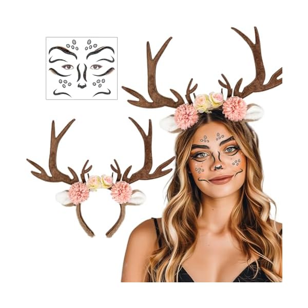 Fuswd Reindeer Antlers Headband & Face Tattoos, Deer Ears Fluffy ...