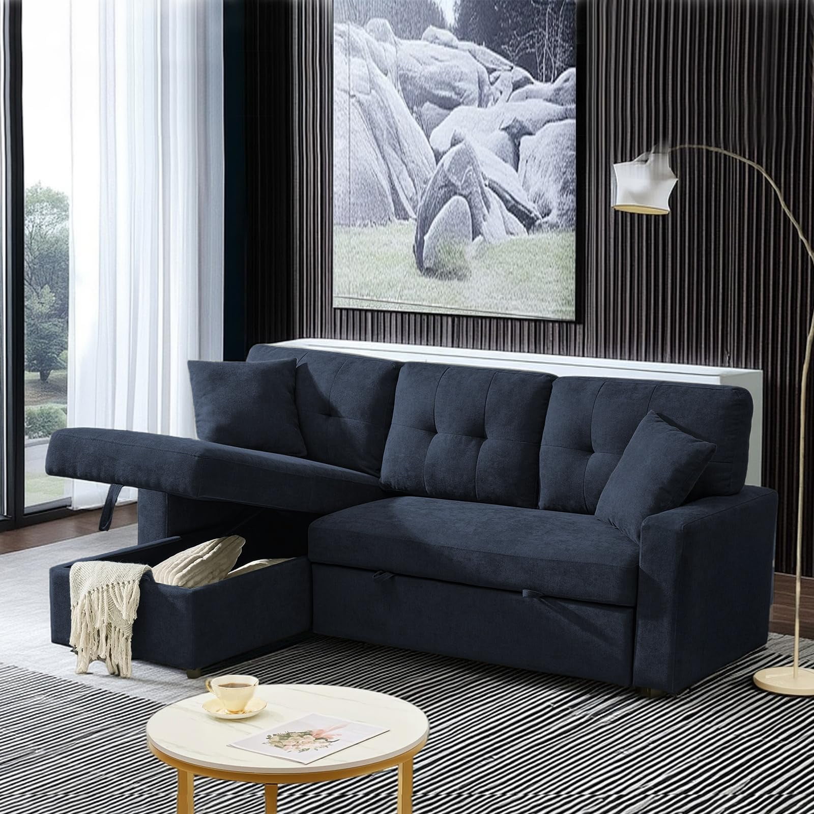 Futon Convertible L-Shaped Sectional Sofa Couch with Reversible Storage ...