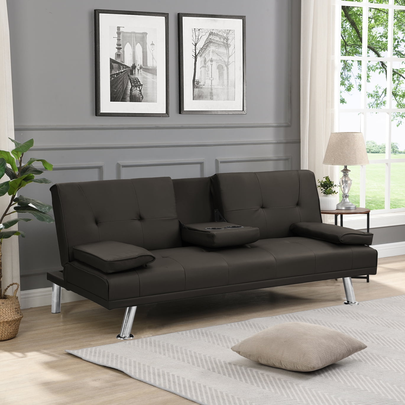 Futon Couch Bed, Convertible Sleeper Sofa with Cup Holders and Flat ...