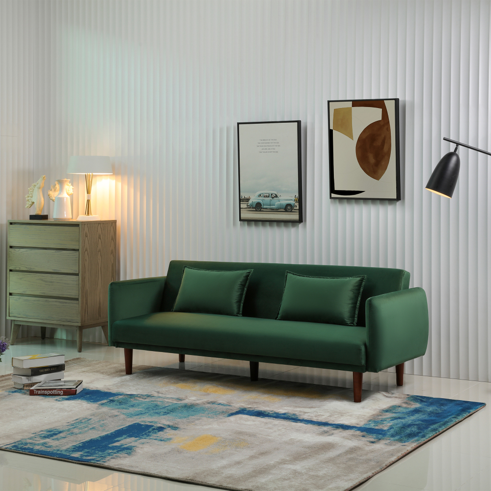 Futon Couch, Velvet Sofa with Wood Legs, Square Arms and Tufted Back, 3 ...