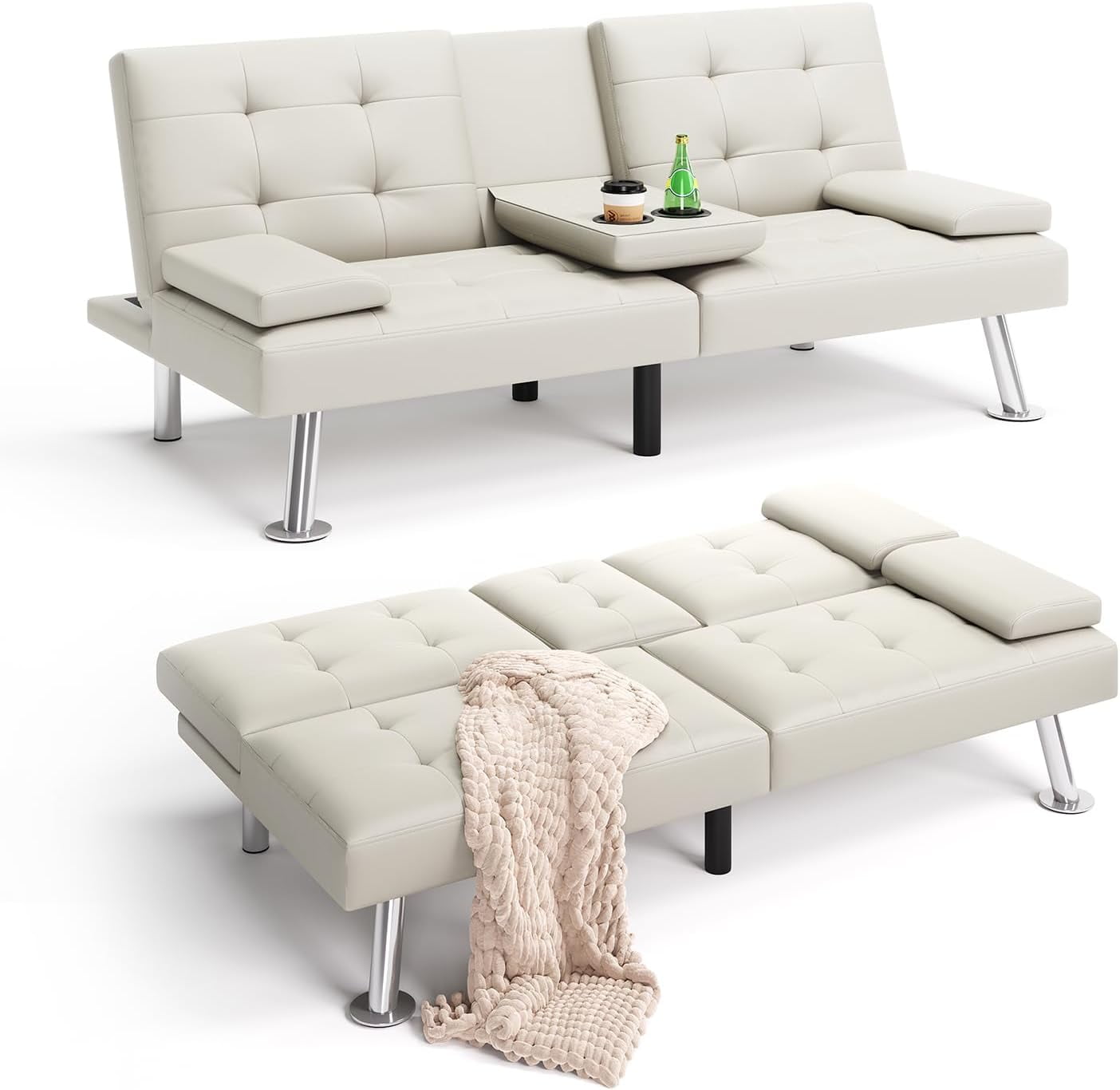 Futon, Faux Lether Futon Couch Bed, Comfy Modern Black Futon Bed ...