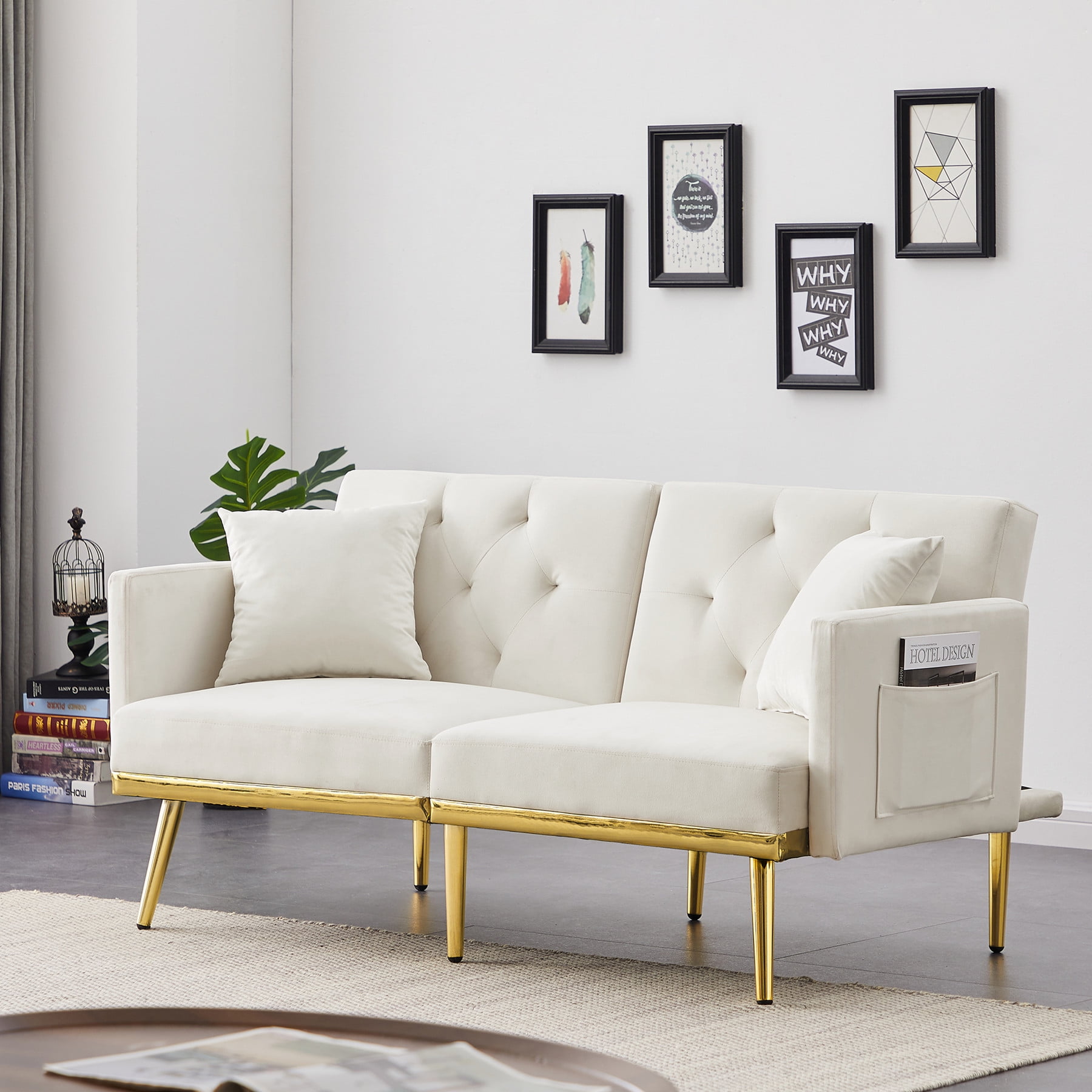Futon Sofa Bed with 2 Pillows, 59" Modern Velvet Upholstered ...