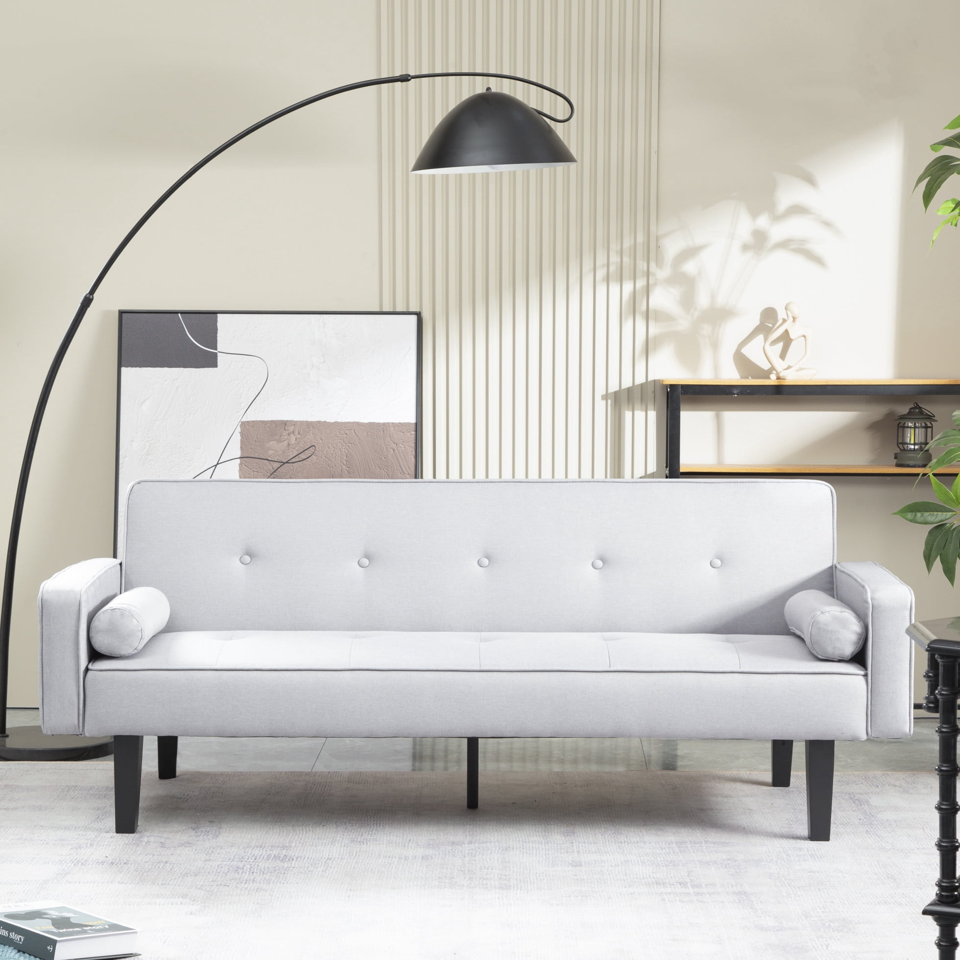 Futon Sofa Bed Convertible Couch Bed with Armrests, Linen Sofa Bed with ...