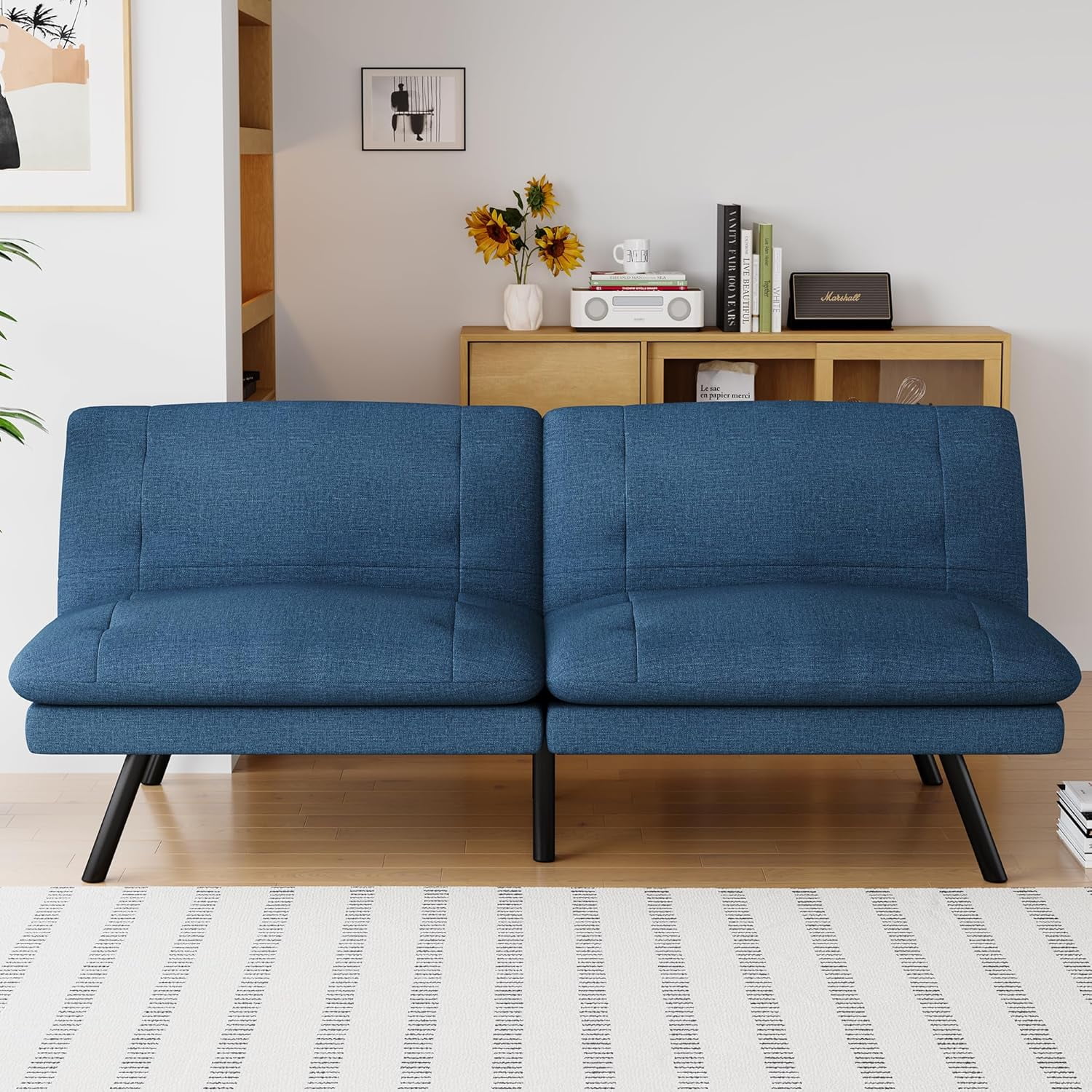 Futon Sofa Bed Convertible Couch, Blue Linen Sofa Bed with Adjustable ...