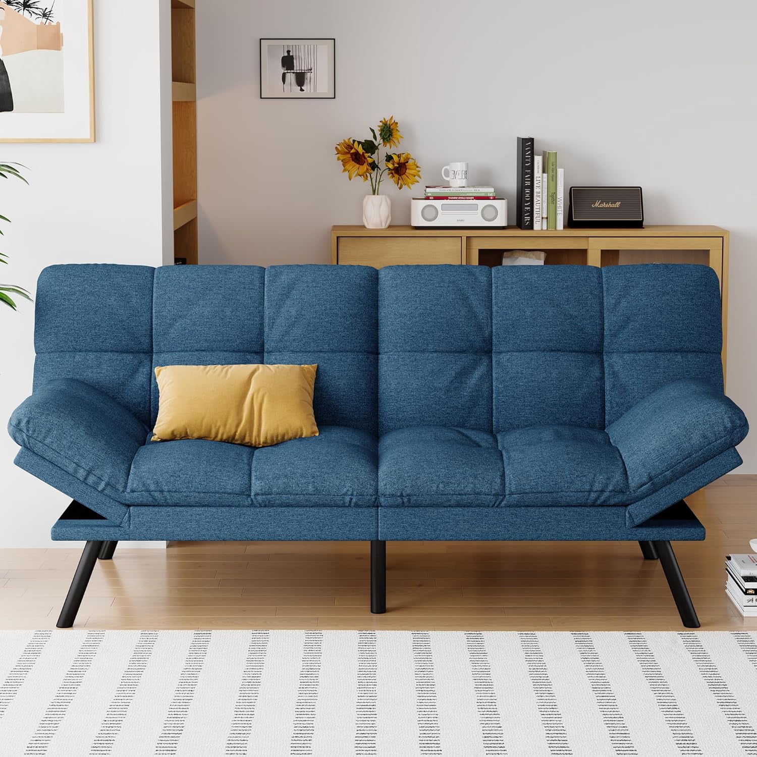 Futon Sofa Bed Convertible Couch, Blue Linen Sofa Bed with Memory Foam ...