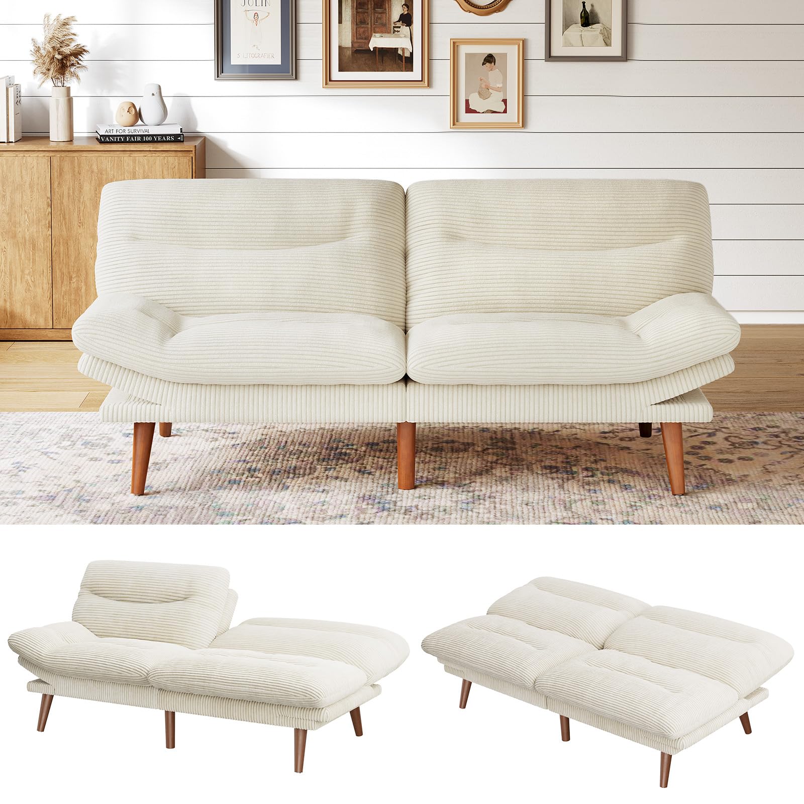 Futon Sofa Bed, Corduroy Futon Couch with Adjustable Backrest ...