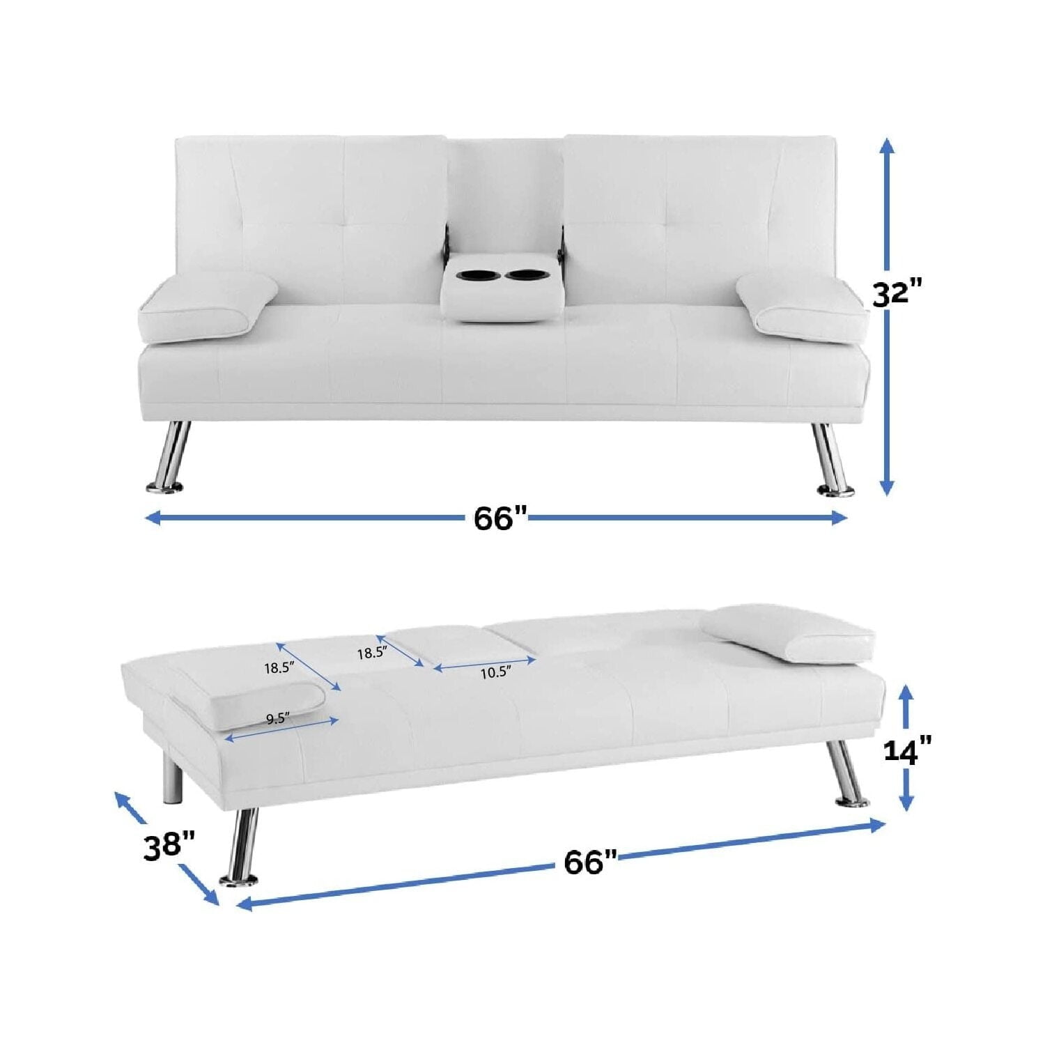 White Futon Couch Bed with Armrest, 2 Cupholders - Multifunctional Pull ...