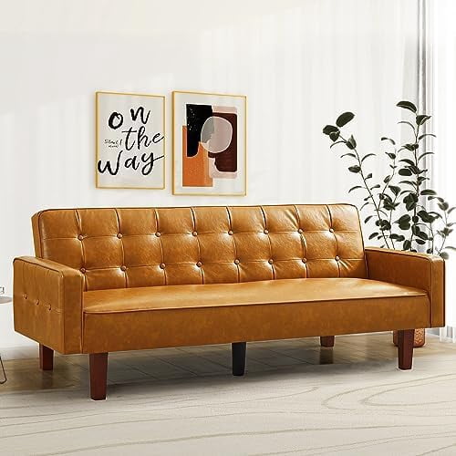 Futon Sofa Bed, Modern Convertible Faux Leather Sleeper Couch with ...