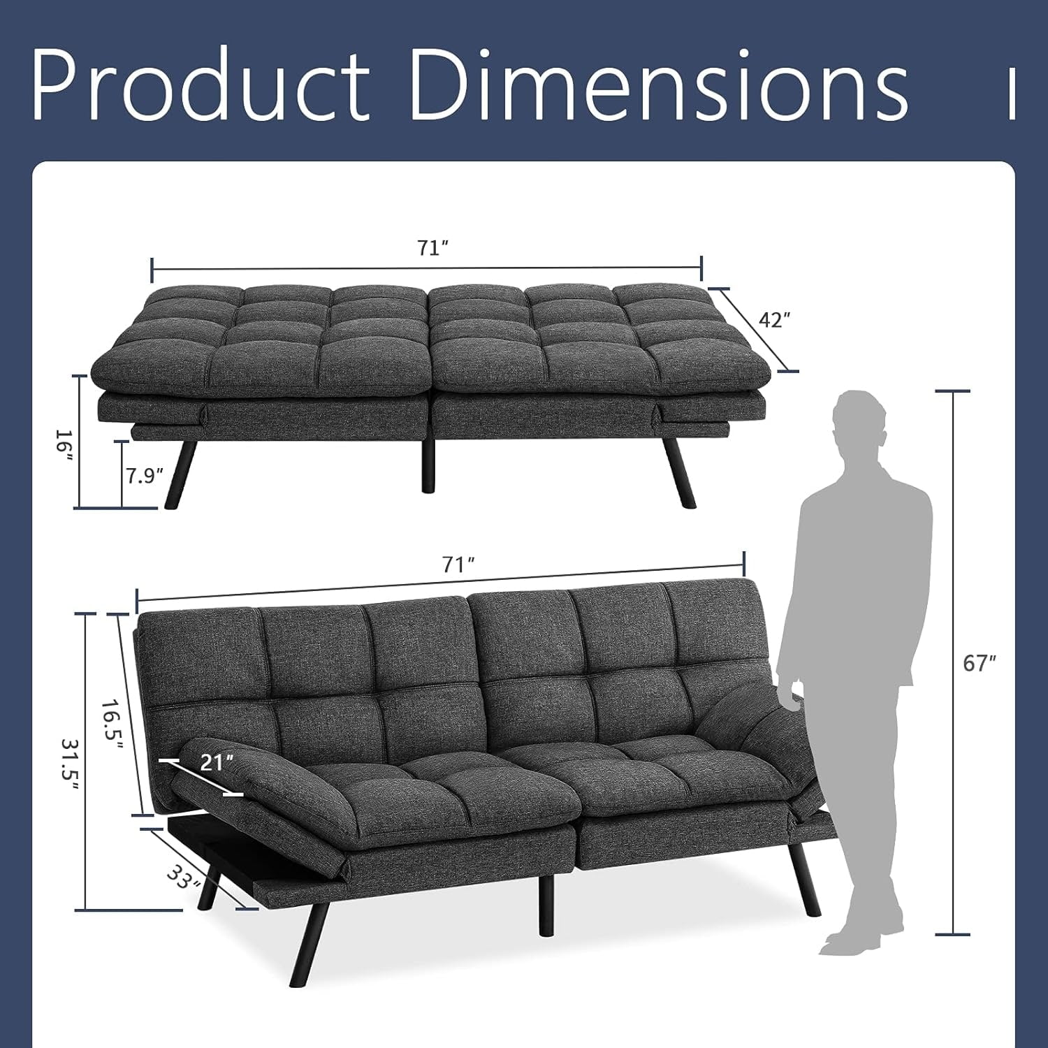 Futon Sofa Bed, Modern Convertible Sleeper Couch with Adjustable ...