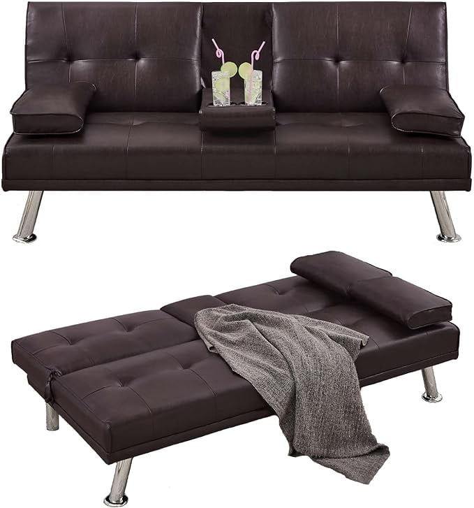 Faux Leather Futon Sofa Bed, Convertible Couch with Memory Foam for ...