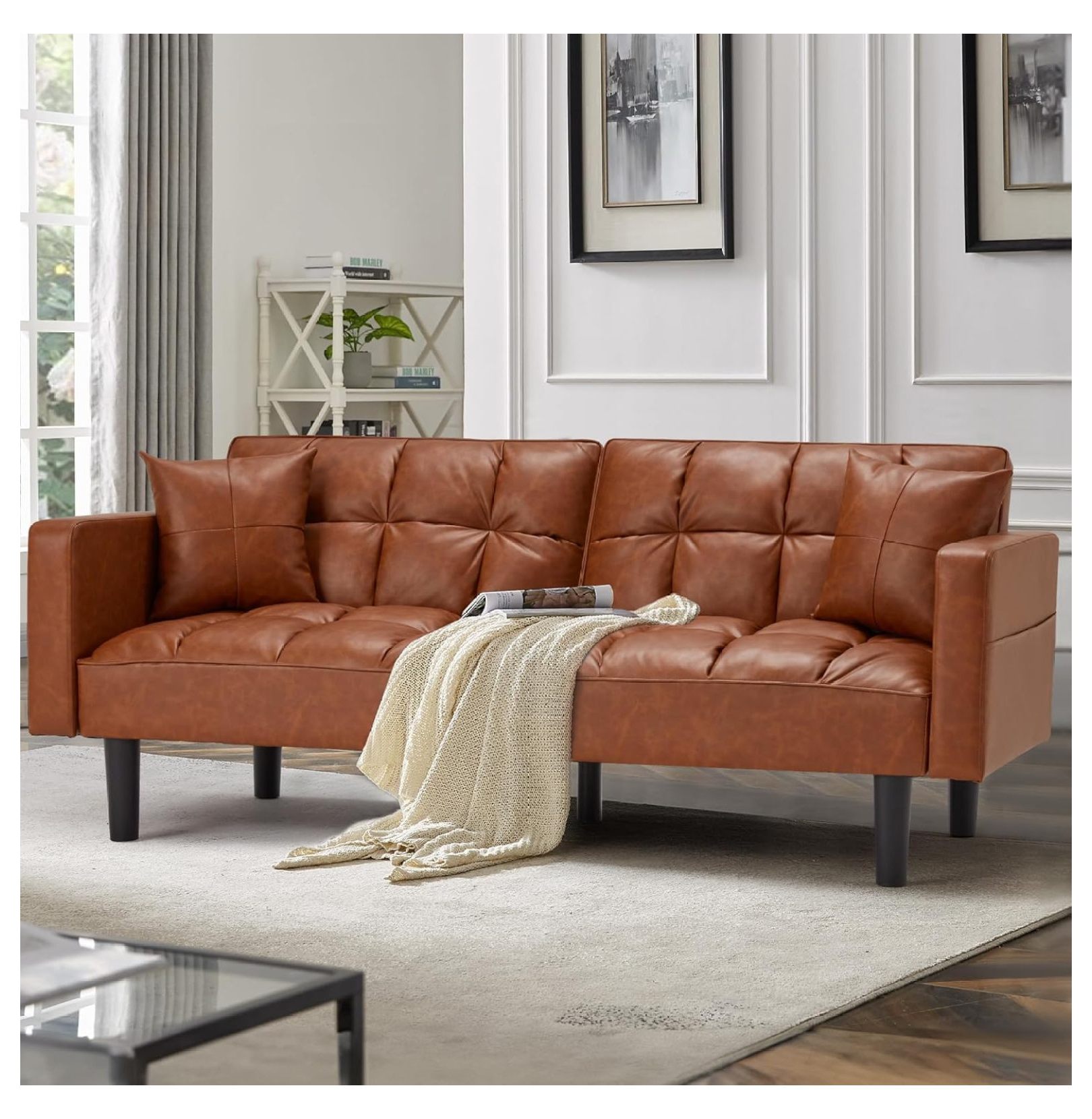 Futon Sofa Bed, Modern Leather Convertible Upholstered Couch with ...