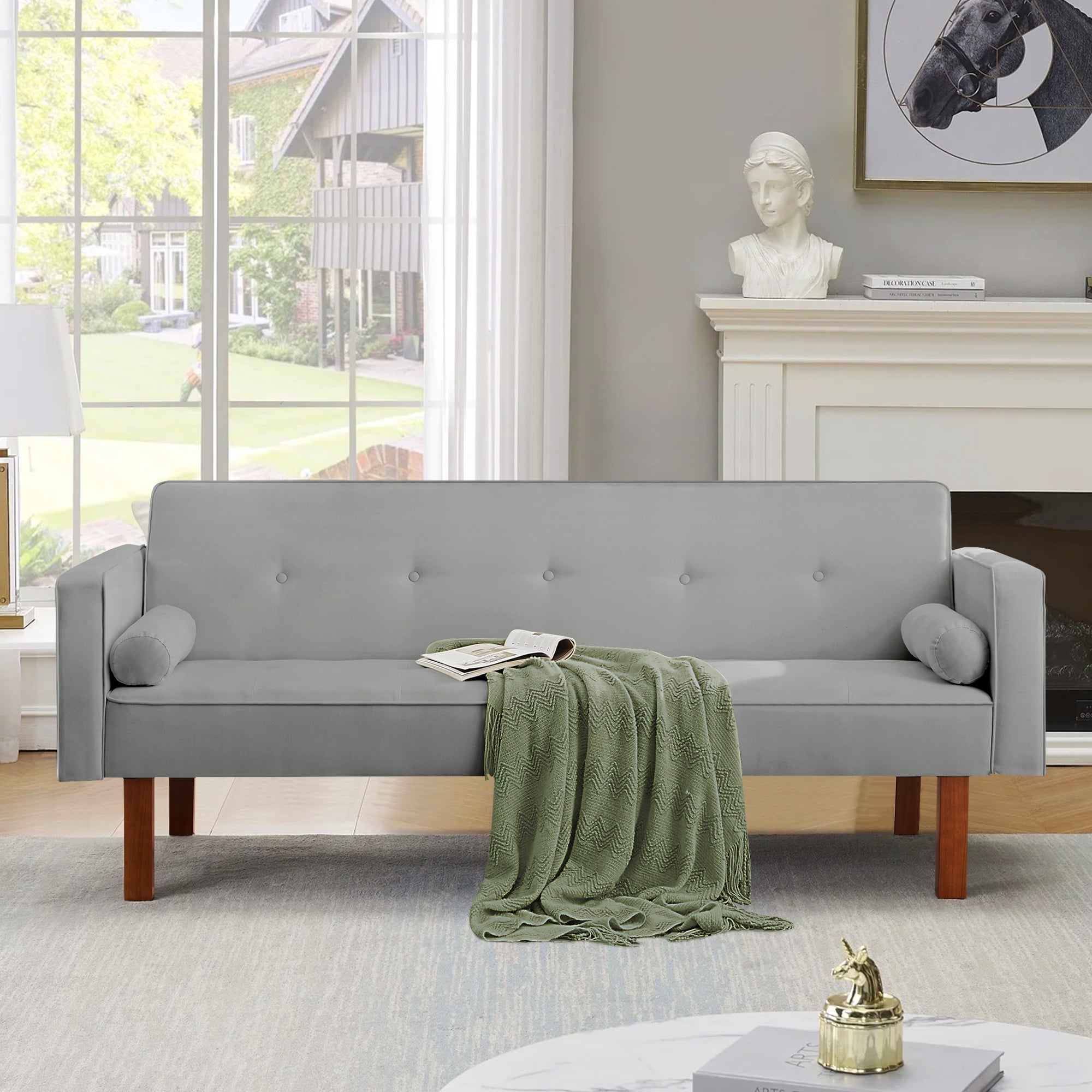 Futon Sofa Bed,Modern Light Gray Convertible Couch Bed with Armrests ...