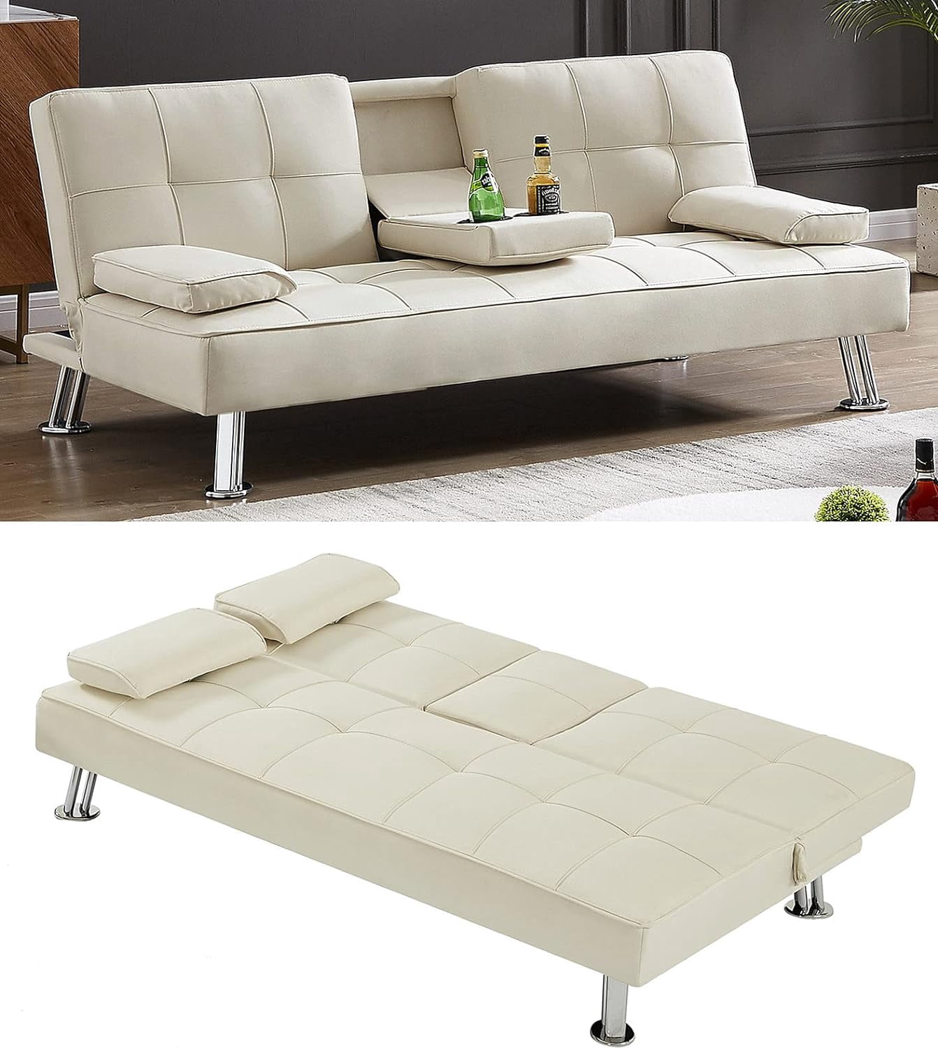 Futon Sofa Bed Modern Linen Fabric Couch Bed Loveseat Convertible ...