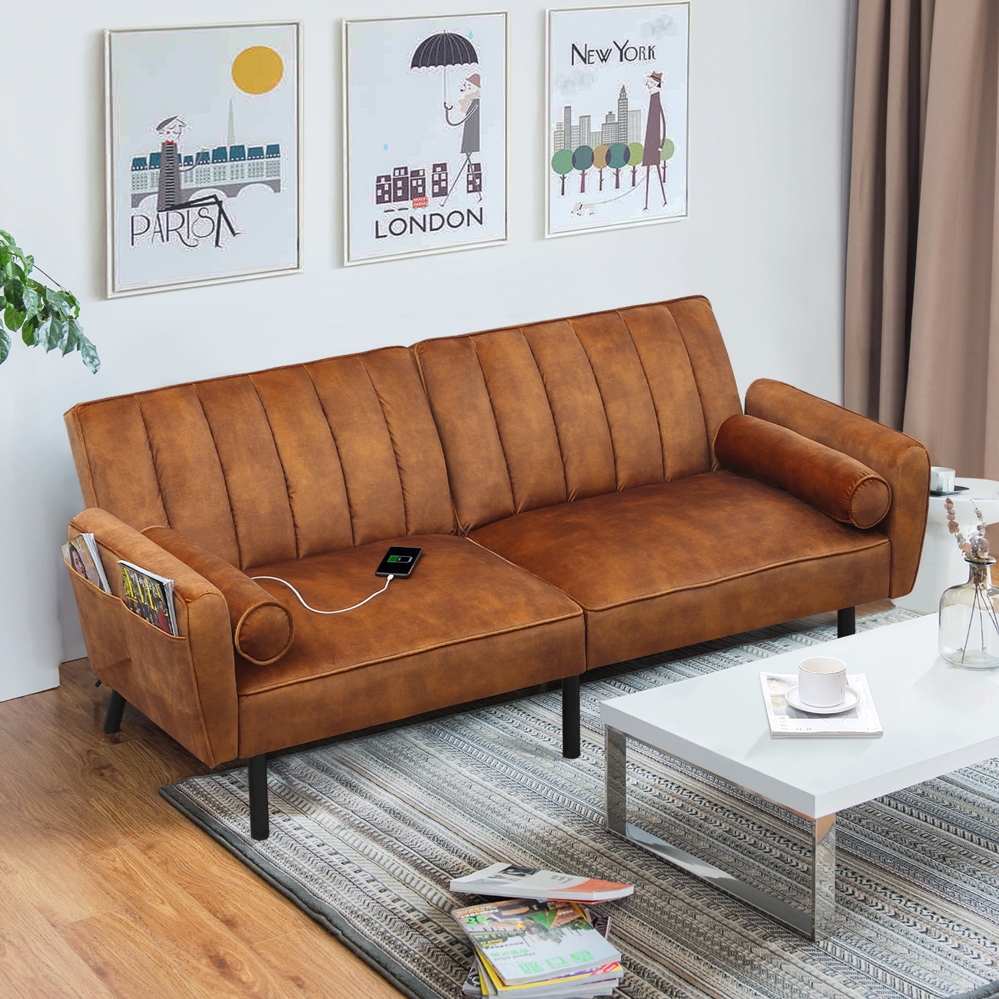 Futon Sofa Bed Sleeper Convertible Sofa Couch with USB Modern Loveseat ...