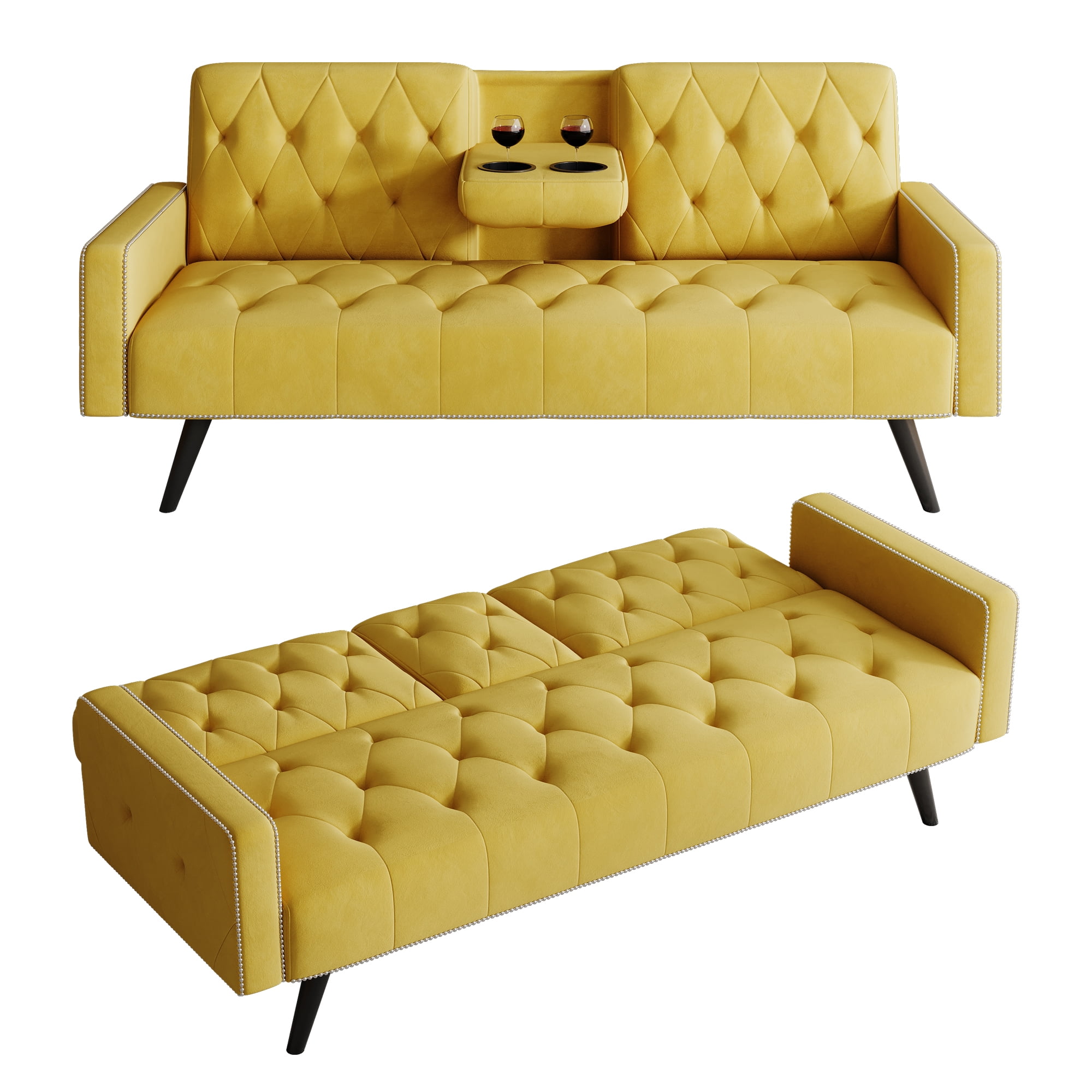 Futon Sofa Bed, Upholstered Velvet Sofa Couch with 2 Cup Holders for ...