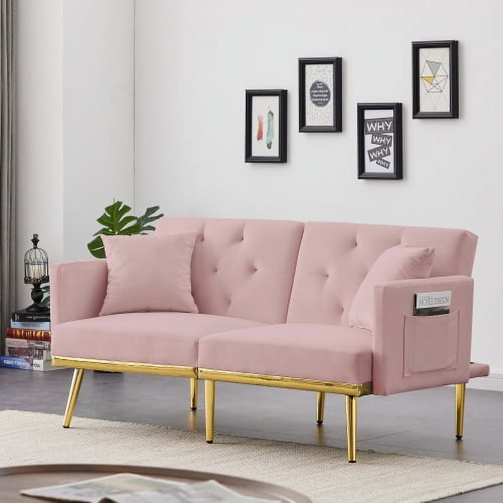 Futon Sofa Bed, Velvet Upholstered Accent Loveseat Sofa with 2 Pillows ...