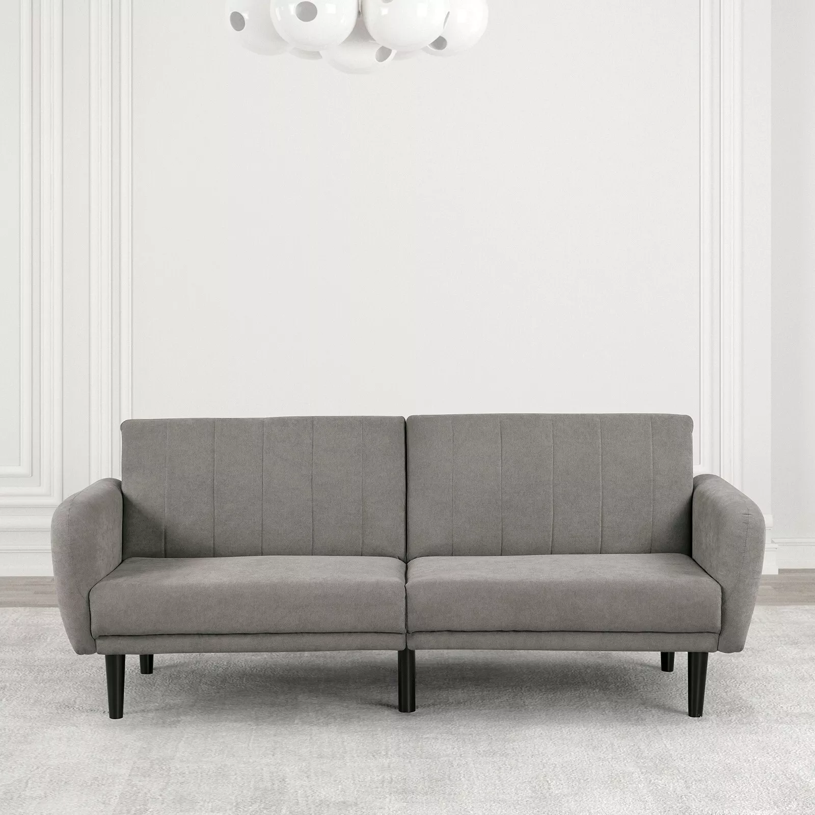 Futon Sofa Gray Fabric Upholstered Channeled Tufted Back Converts into ...
