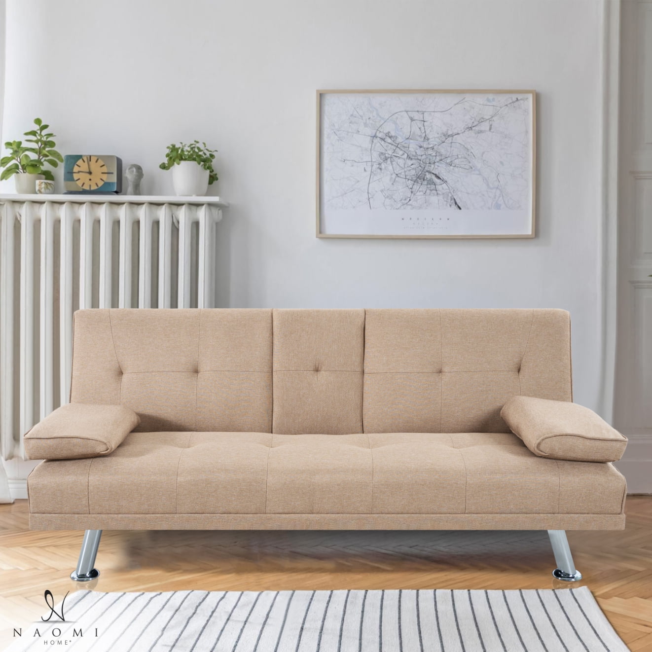 Futon Sofa with Armrest and Cupholders by Naomi Home-Color:Beige,Fabric ...