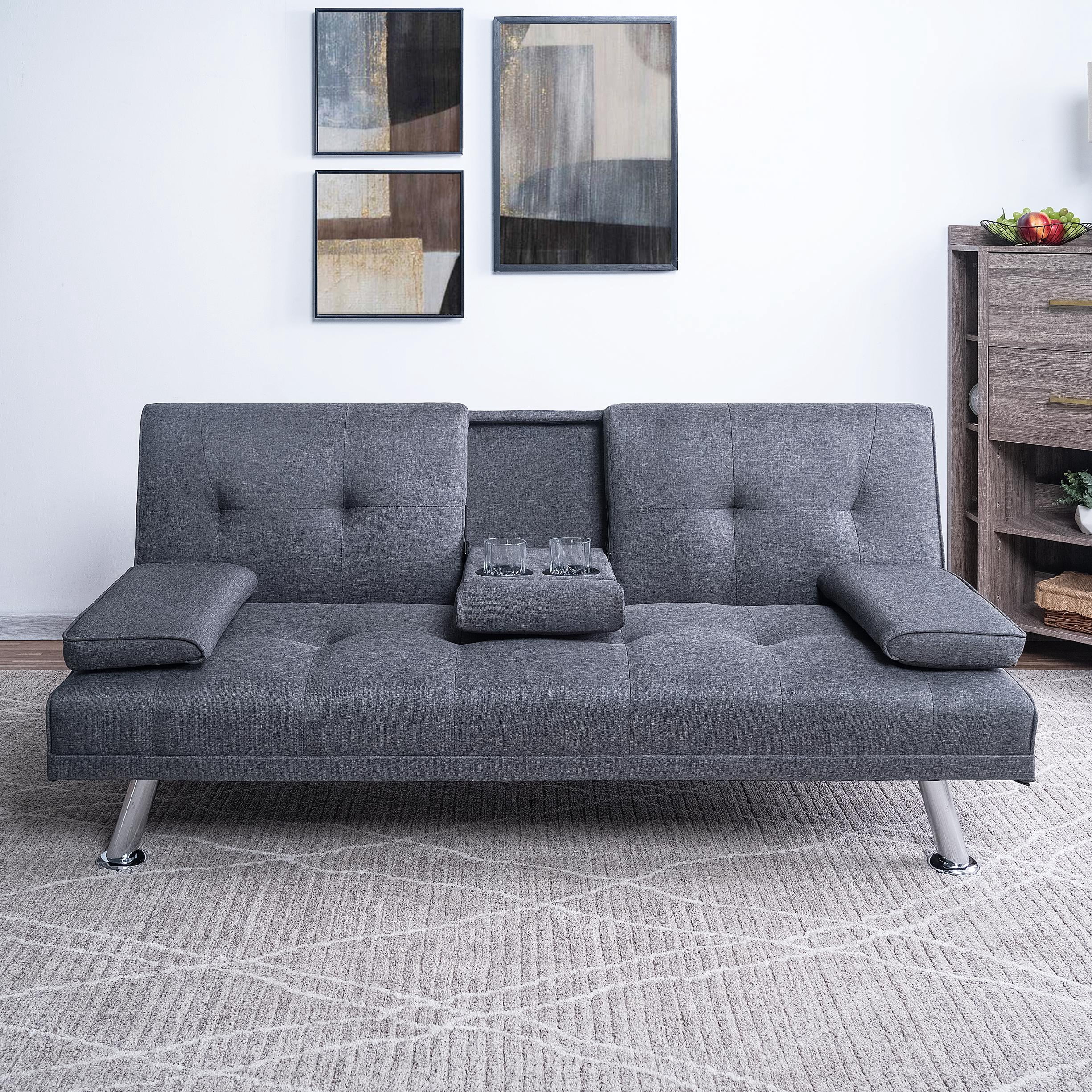 Futon Sofa with Armrest and Cupholders by Naomi Home-Color:Dark Gray ...