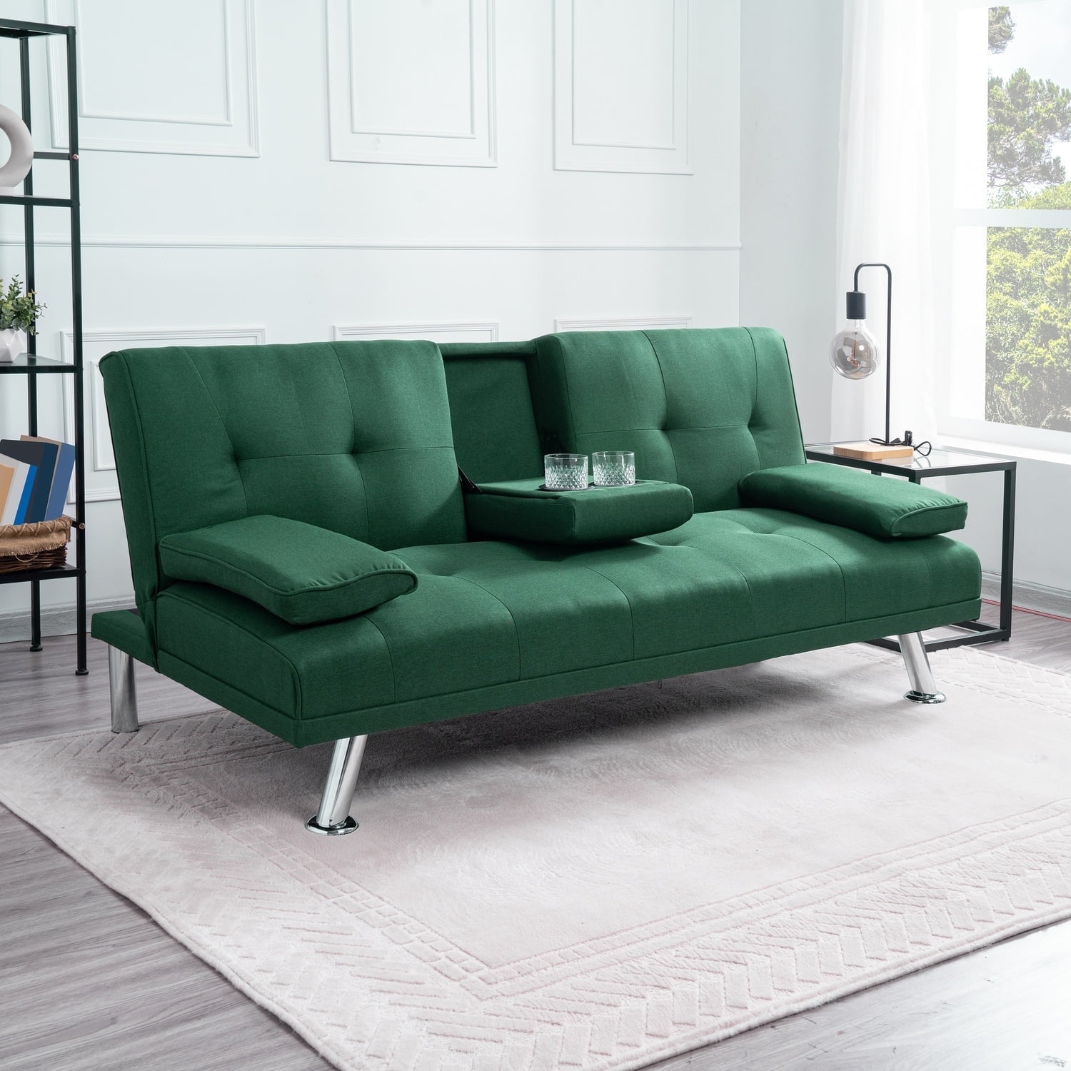Futon Sofa with Armrest and Cupholders by Naomi Home-Color:Green,Fabric ...
