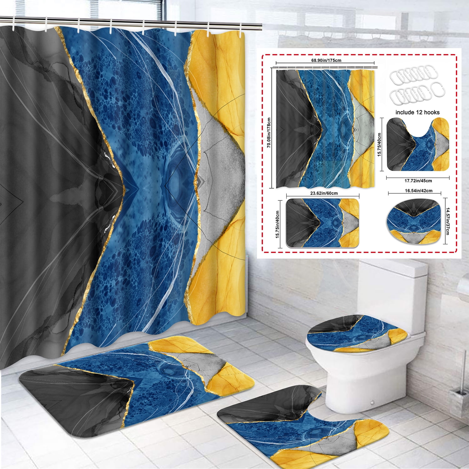 Futtumy Modern Elegant 4 Pcs Shower Curtain Sets With Bath Rugs Grey