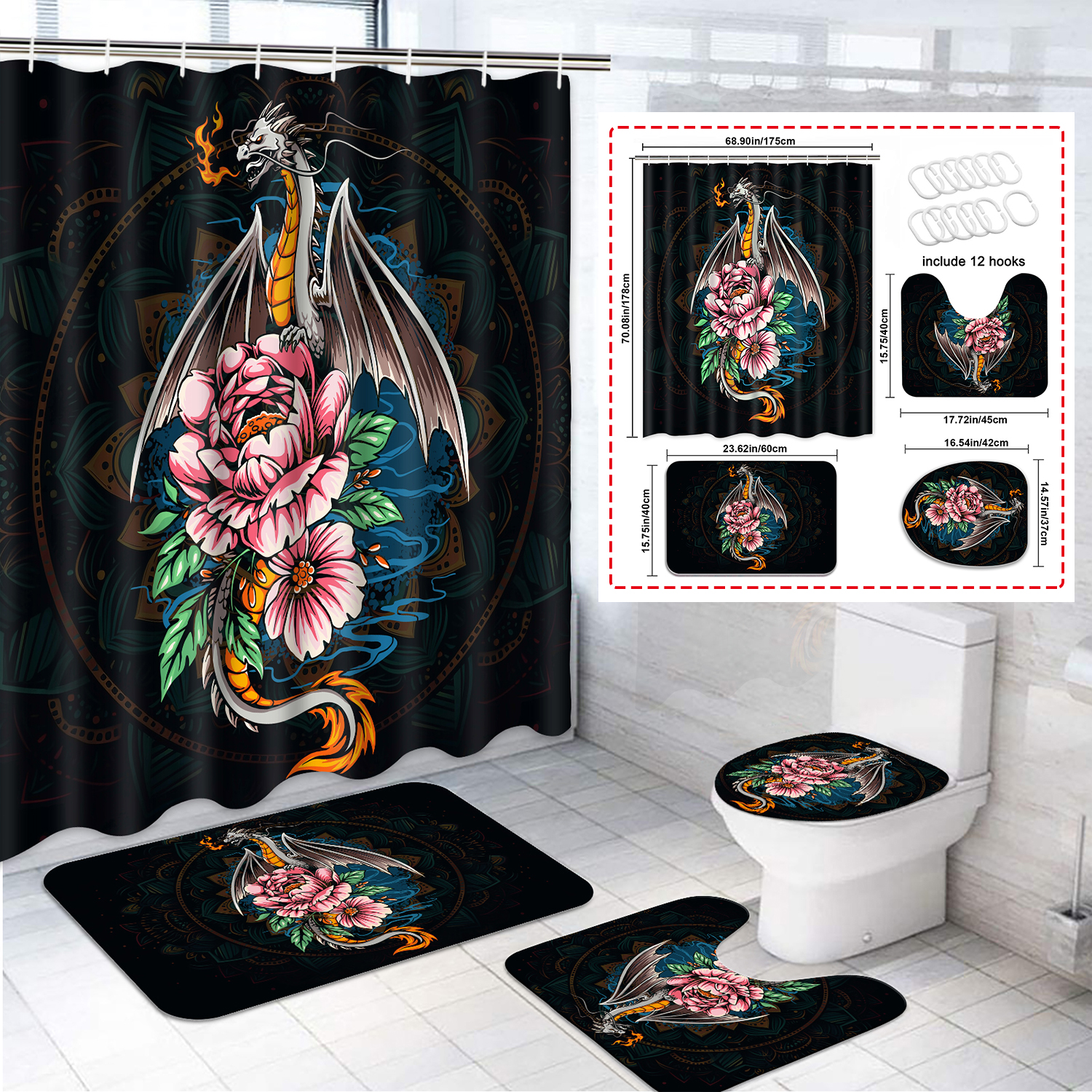 Framics Black Shower Curtain And Rug Sets Yellow Sunflower Butterfly