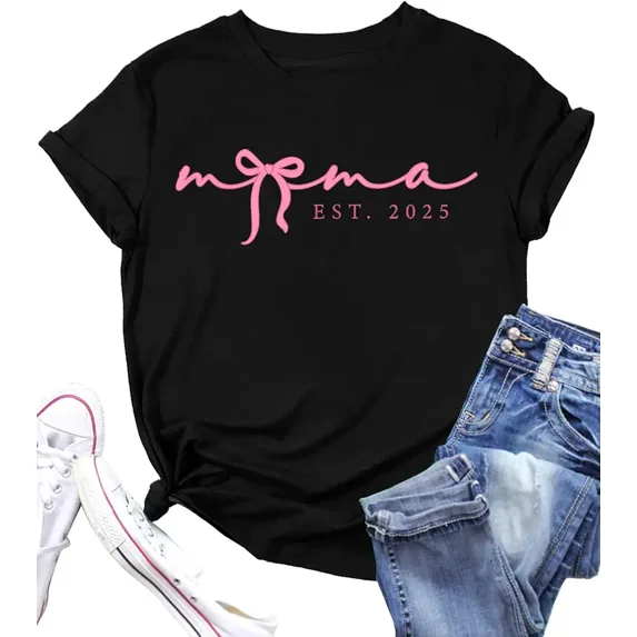 Future Mema 2025 Pink Script Bow for Women Short Sleeve Graphic Casual ...
