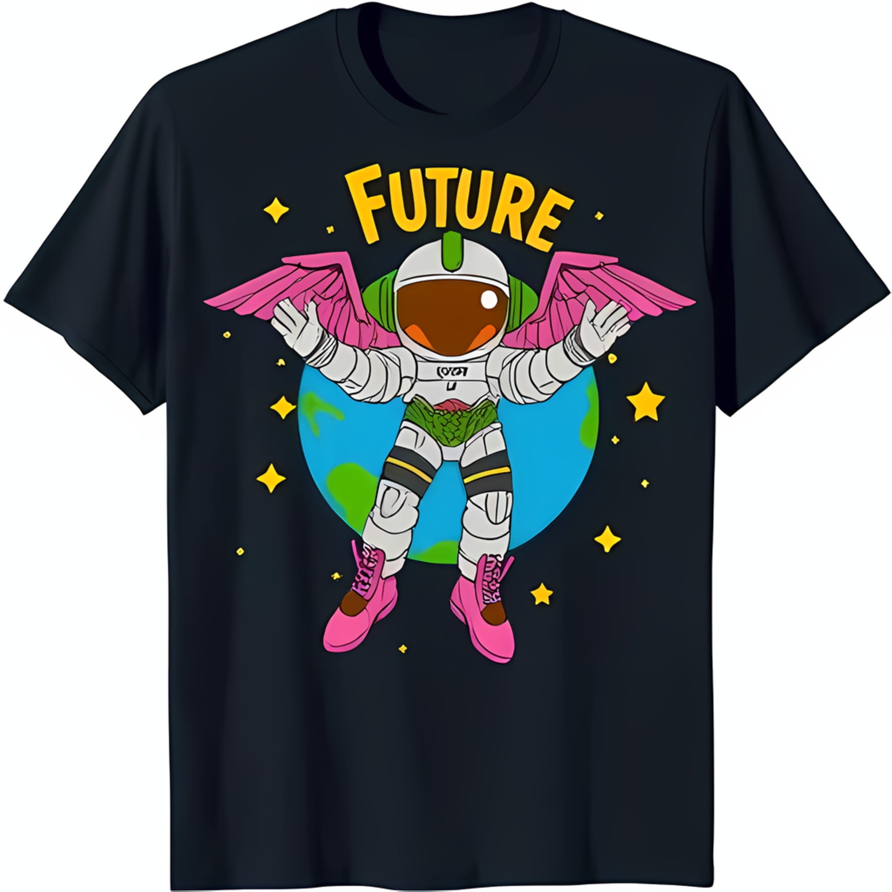 Future T-Shirt Cartoon Space Explorer with Pink Wings & Earth Design ...
