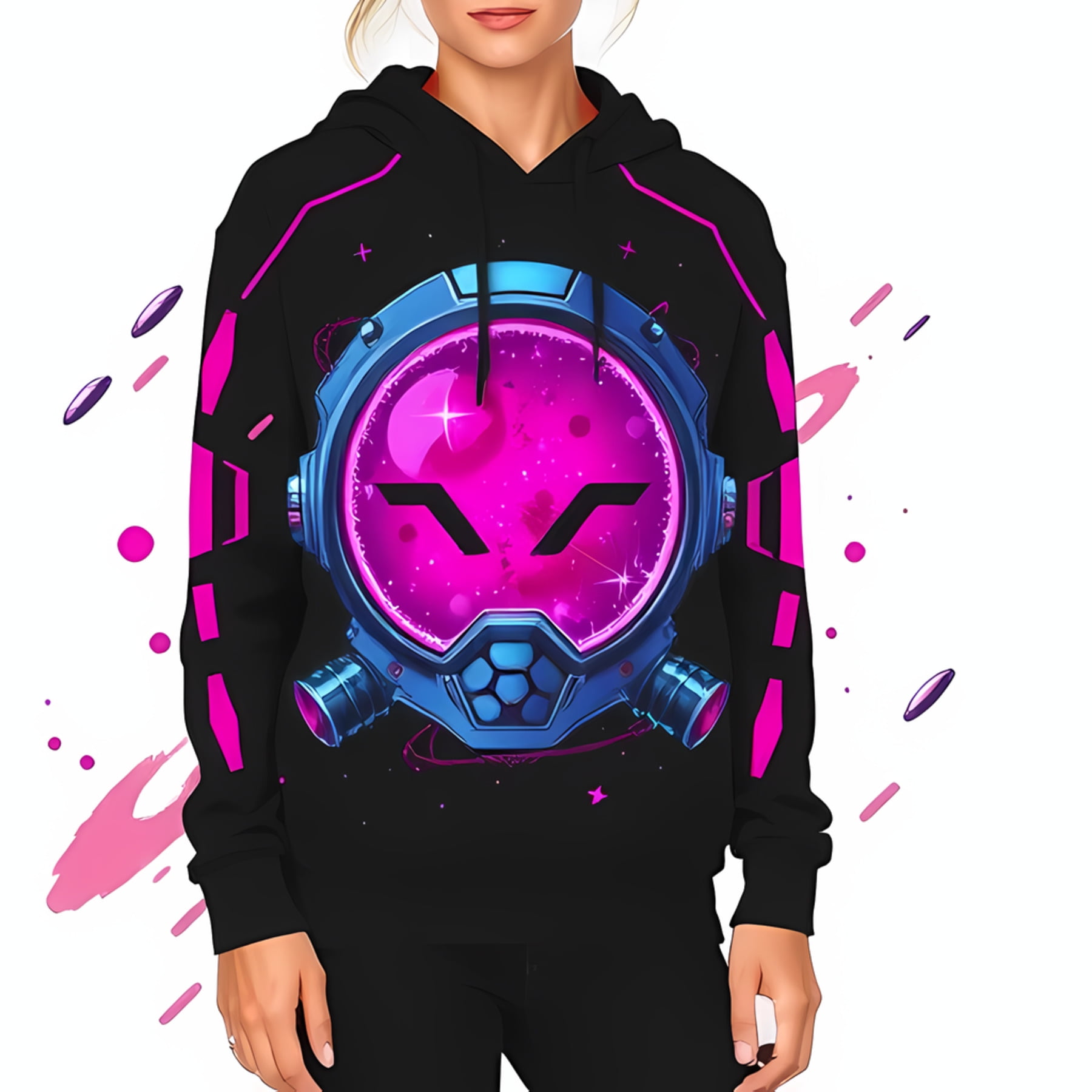 Futuristic 3D Black Hoodie with Glowing Pink Design Stylish Sci-Fi ...