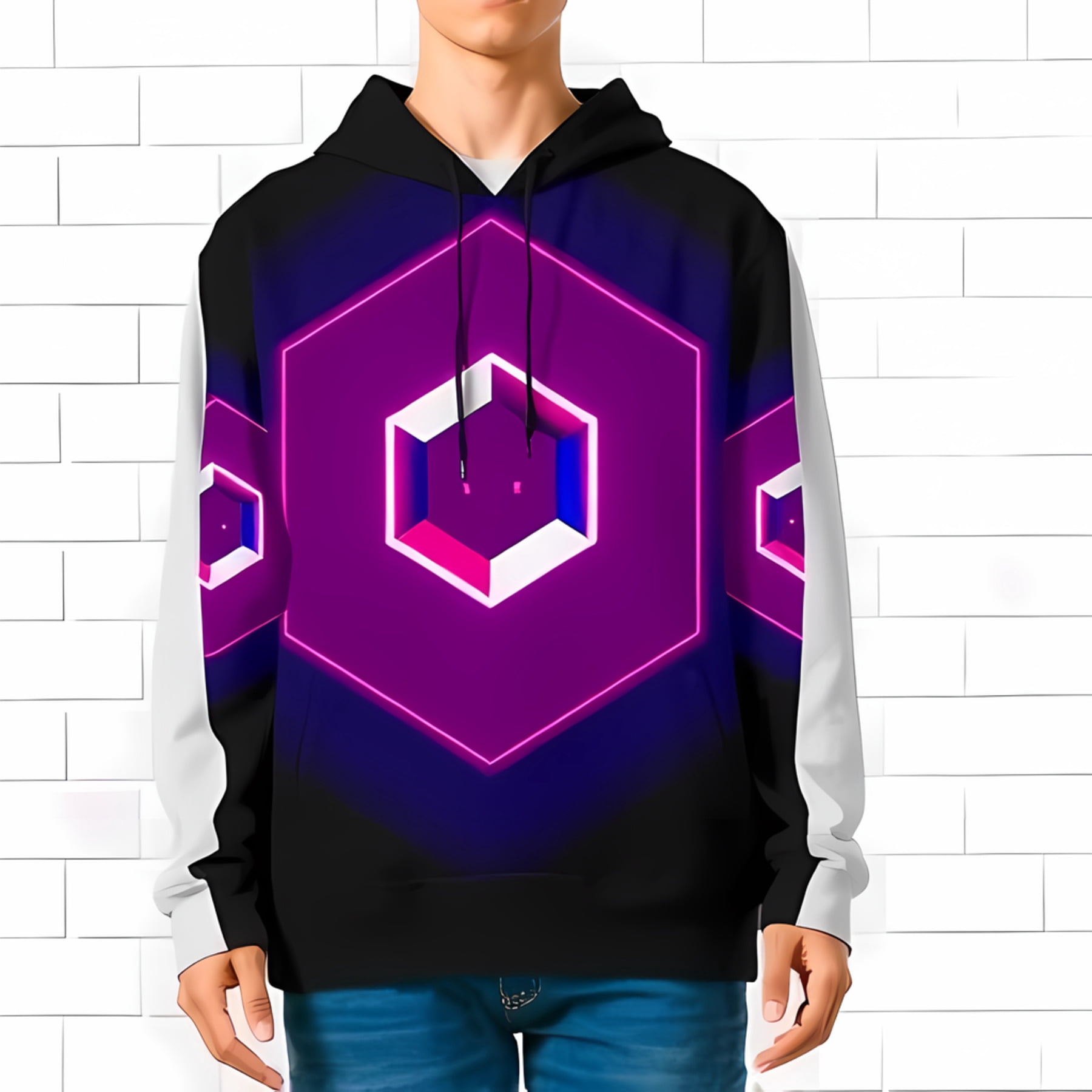 Futuristic 3D Geometric Black Hoodie with Pink & Purple Hexagon Design ...