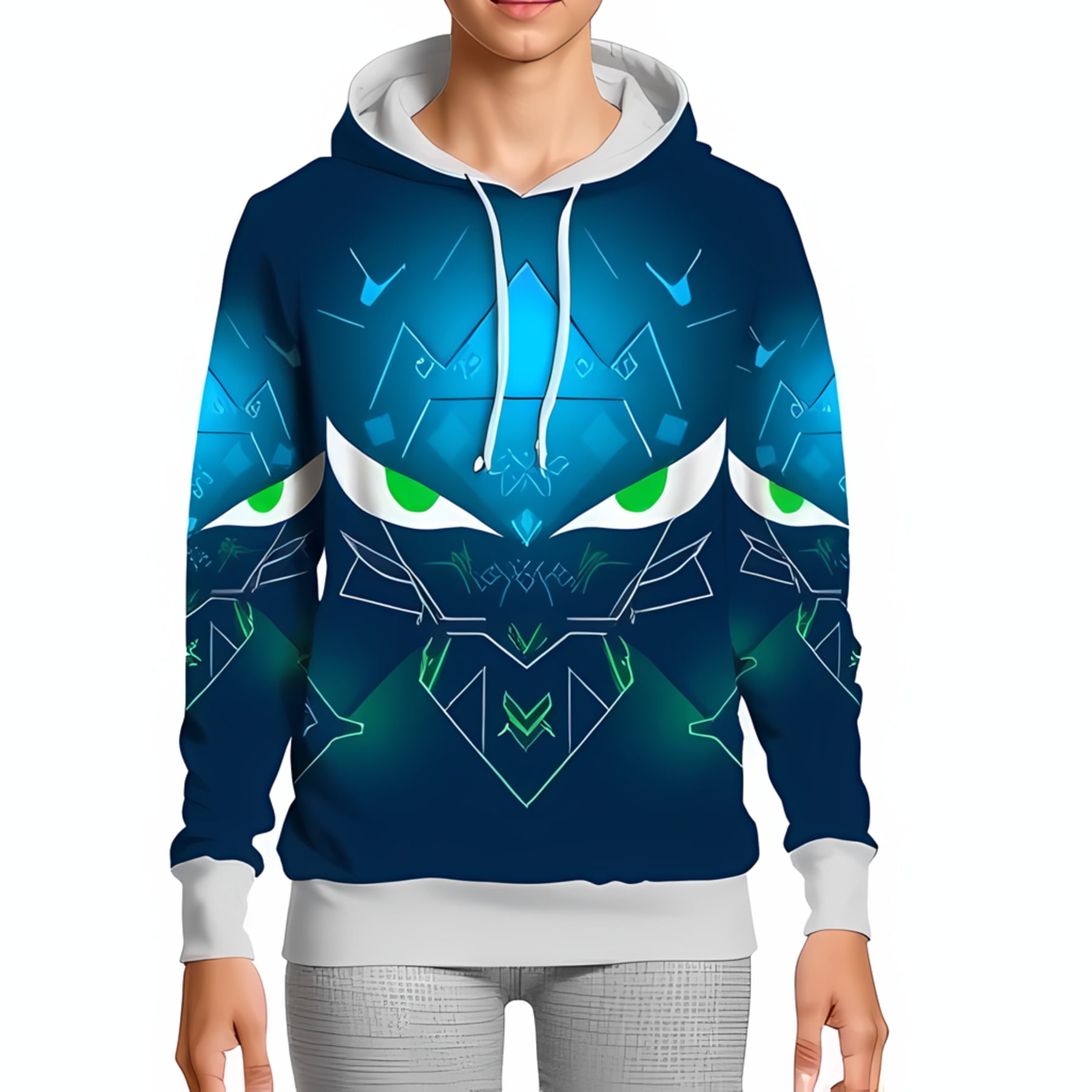 Futuristic 3D Geometric Hoodie with Stylized Face & Glowing Eyes - Dark ...