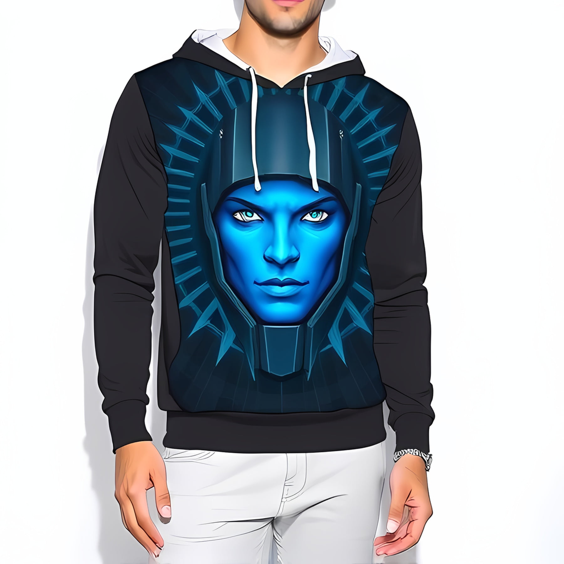Futuristic 3D Graphic Hoodie with Blue-Skinned Face Design - Sci-Fi ...