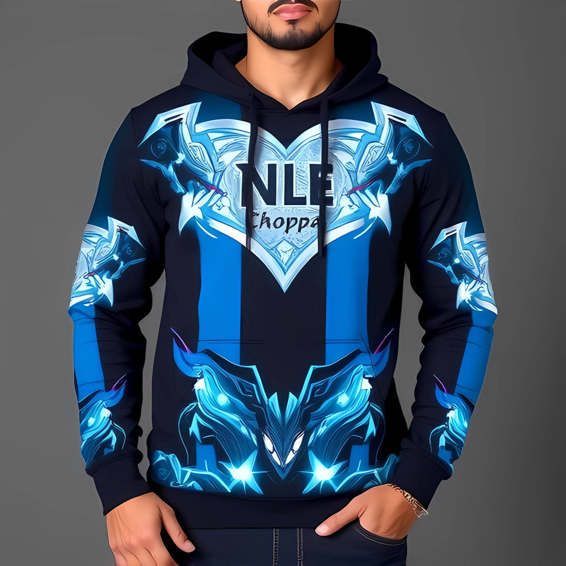 Futuristic 3D Graphic Hoodie with Mythical Creature Design & NLE Choppa ...